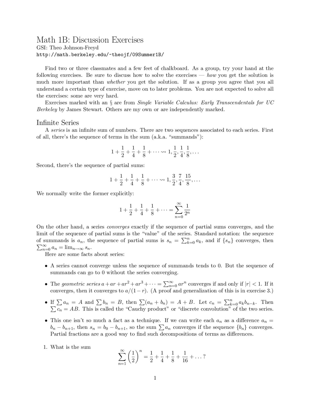 Discussion Exercise Calculus Infinite Series Math 1b Docsity