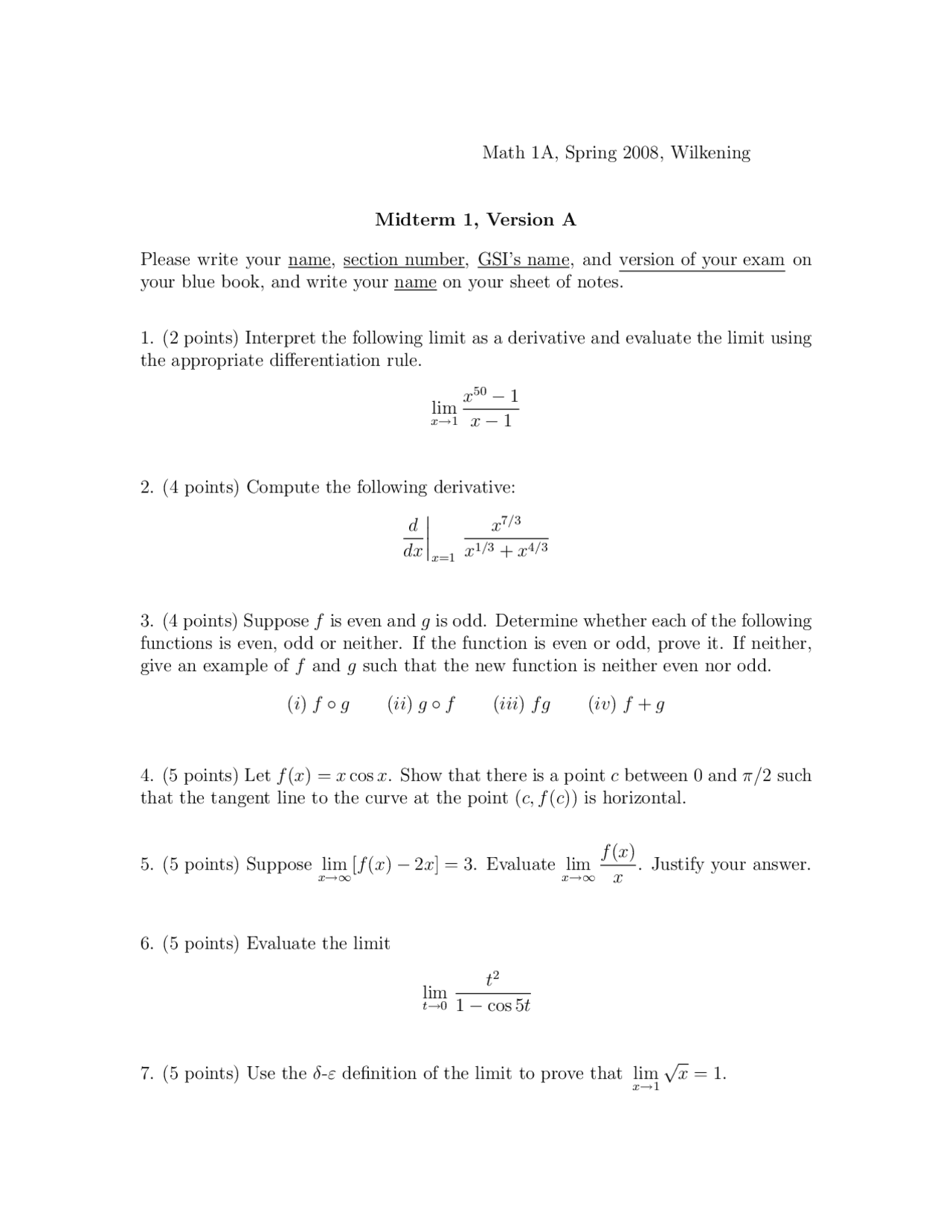 Calculus - Midterm 1 Exam Paper | MATH 1A | Exams Calculus | Docsity