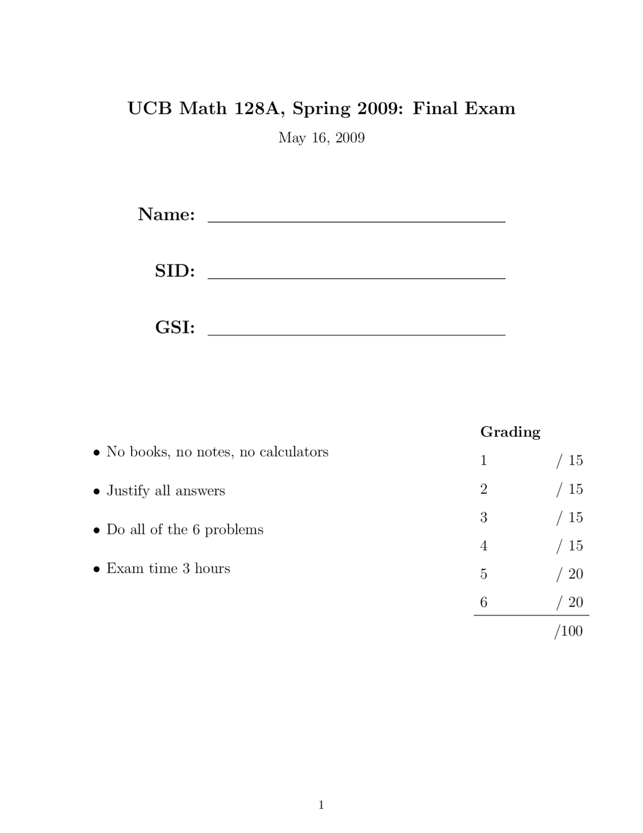 Practice Final Exam Numerical Analysis Math 128a Exams