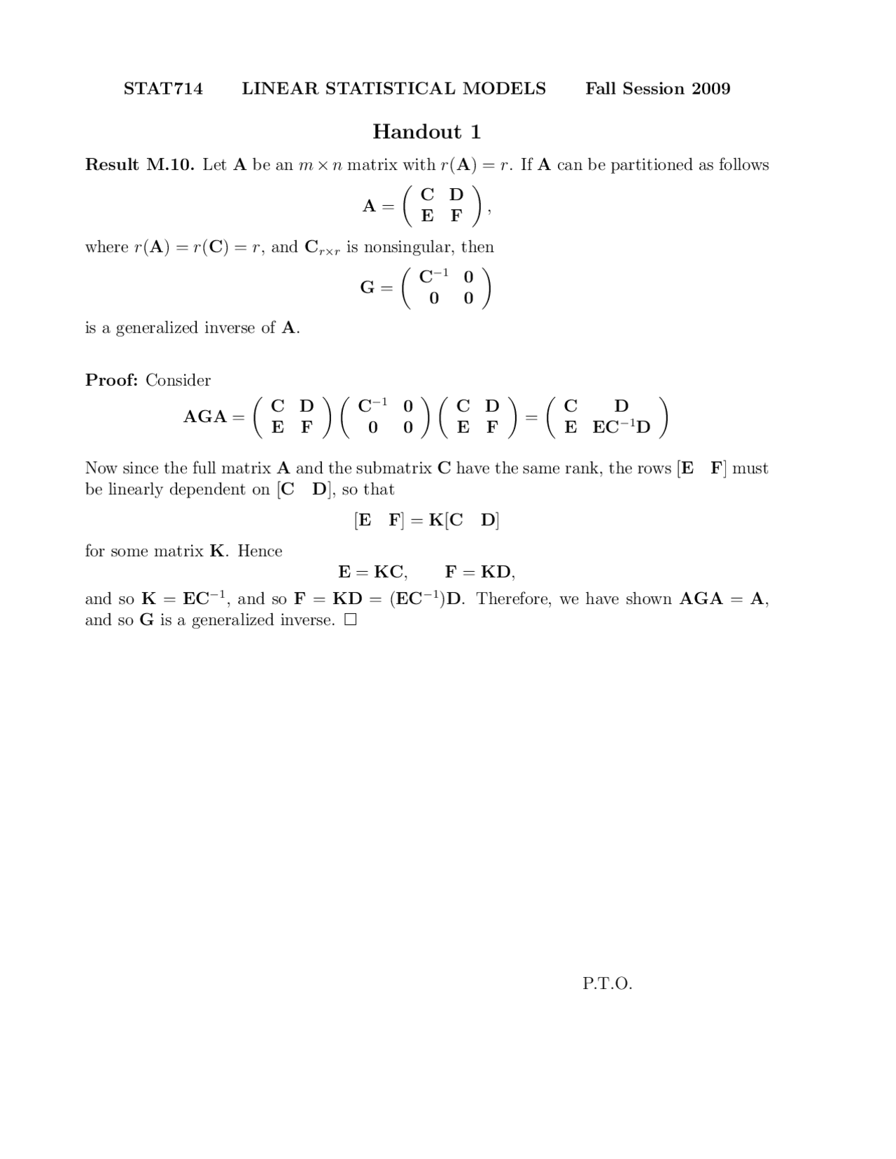 Handout 1 Solutions for Linear Statistical Models | STAT 714 - Docsity