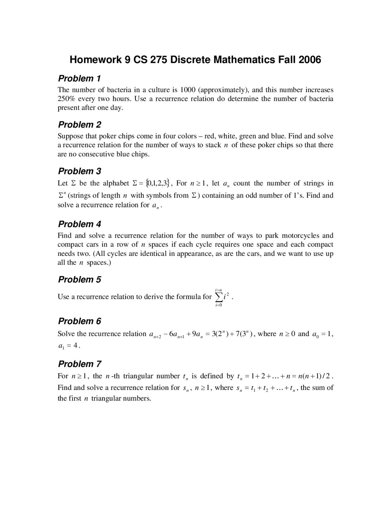 Discrete Mathematics - 9 Problems for Assignment 9 | CS 275 - Docsity