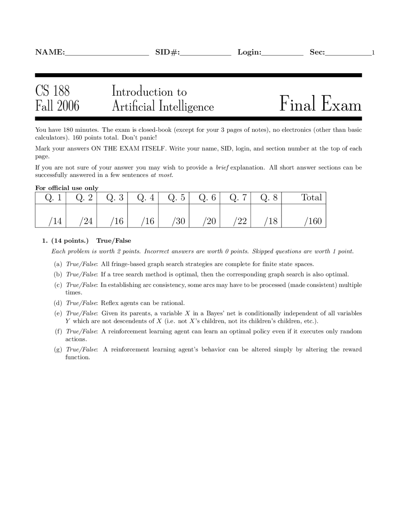 Final Exam Questions Introduction To Artificial Intelligence Compsci 188 Docsity