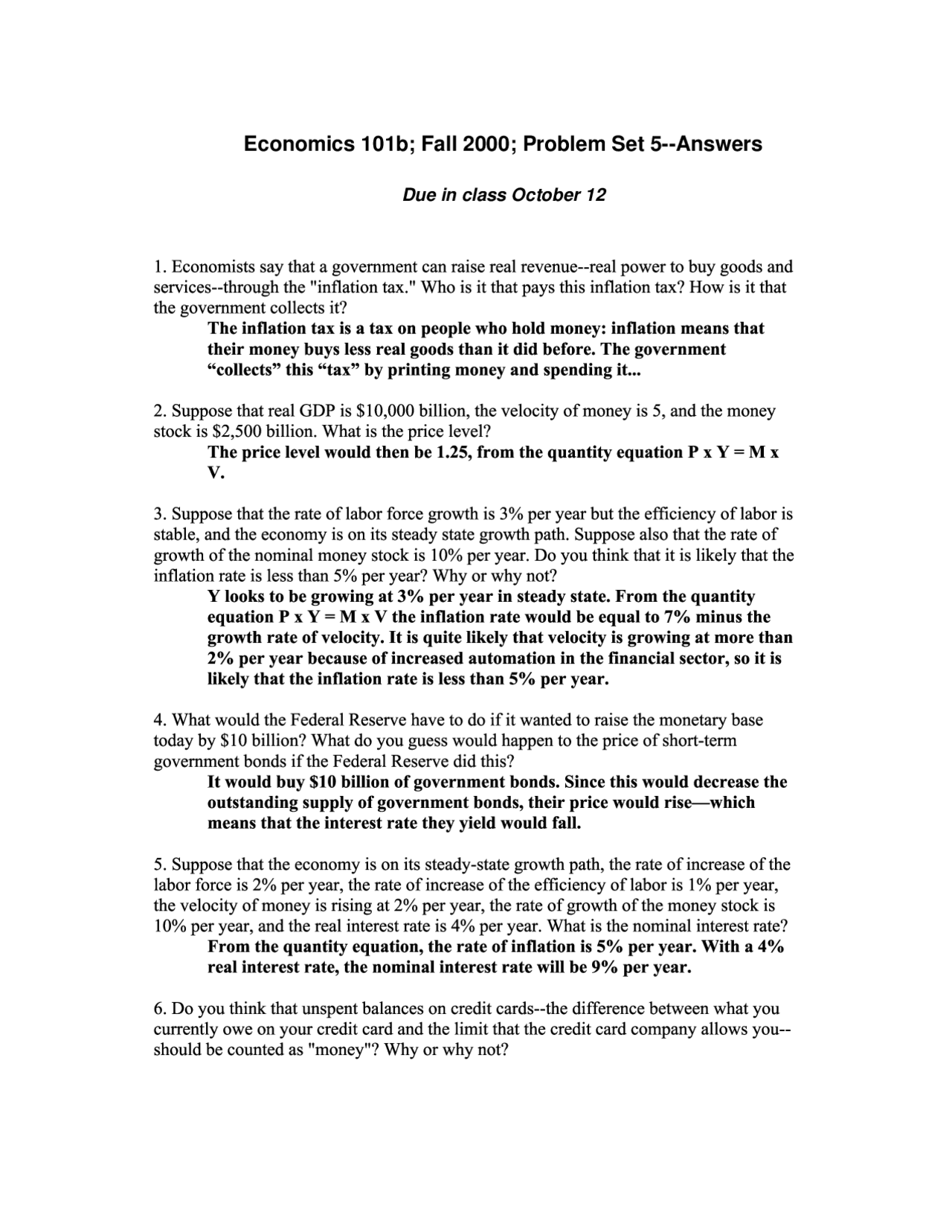 Macroeconomic Theory Problem Set 5 With Answers Fall 2000 Econ 101b Docsity