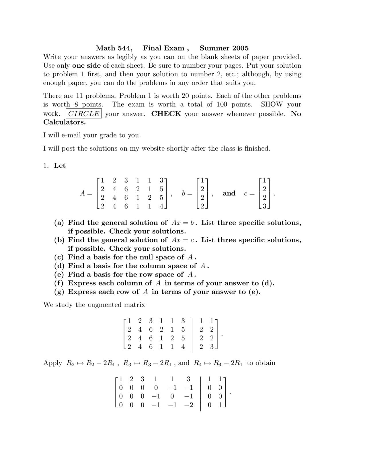 Resolution for Final Exam - Linear Algebra | MATH 544 - Docsity