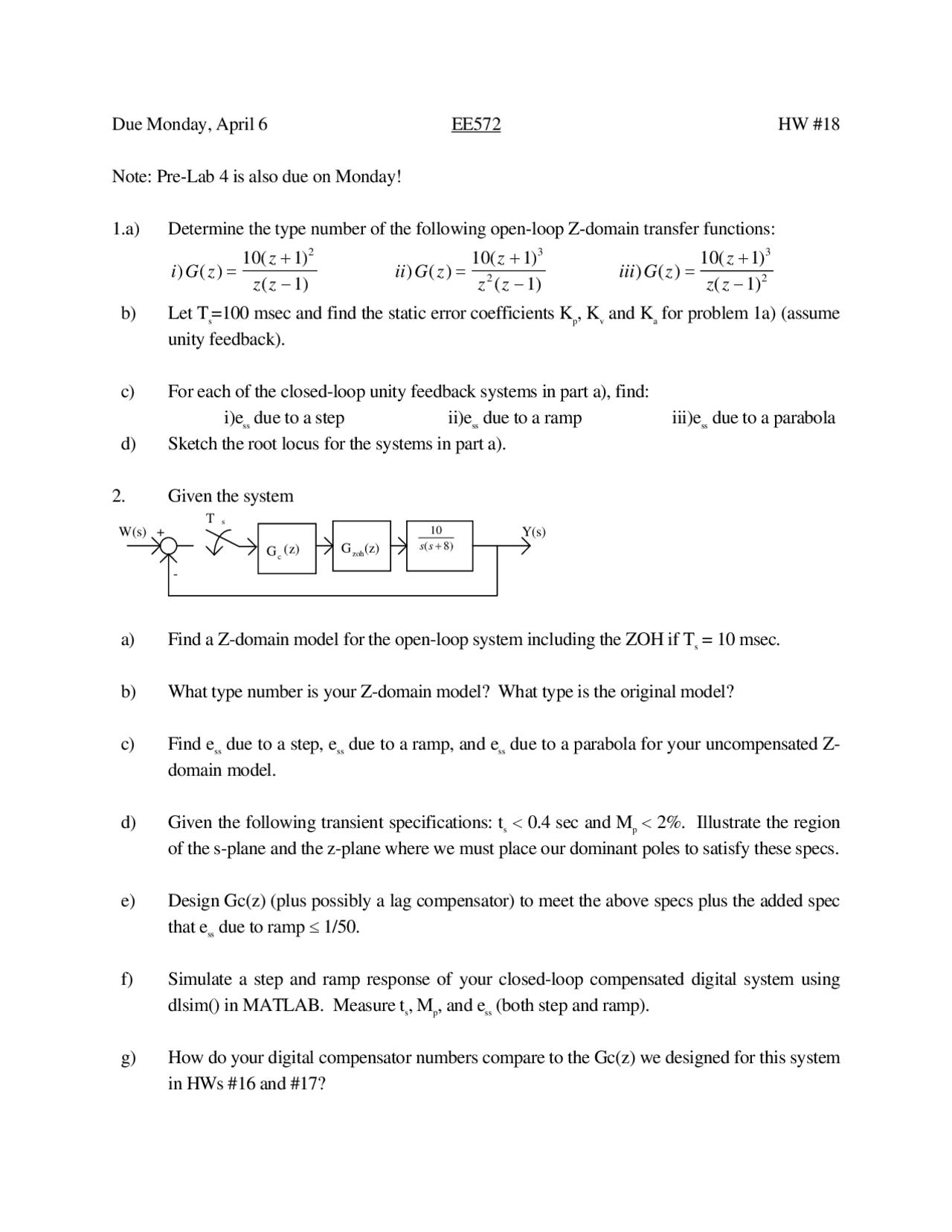 Homework 18 Questions Digital Control Of Dynamic System Ee 572