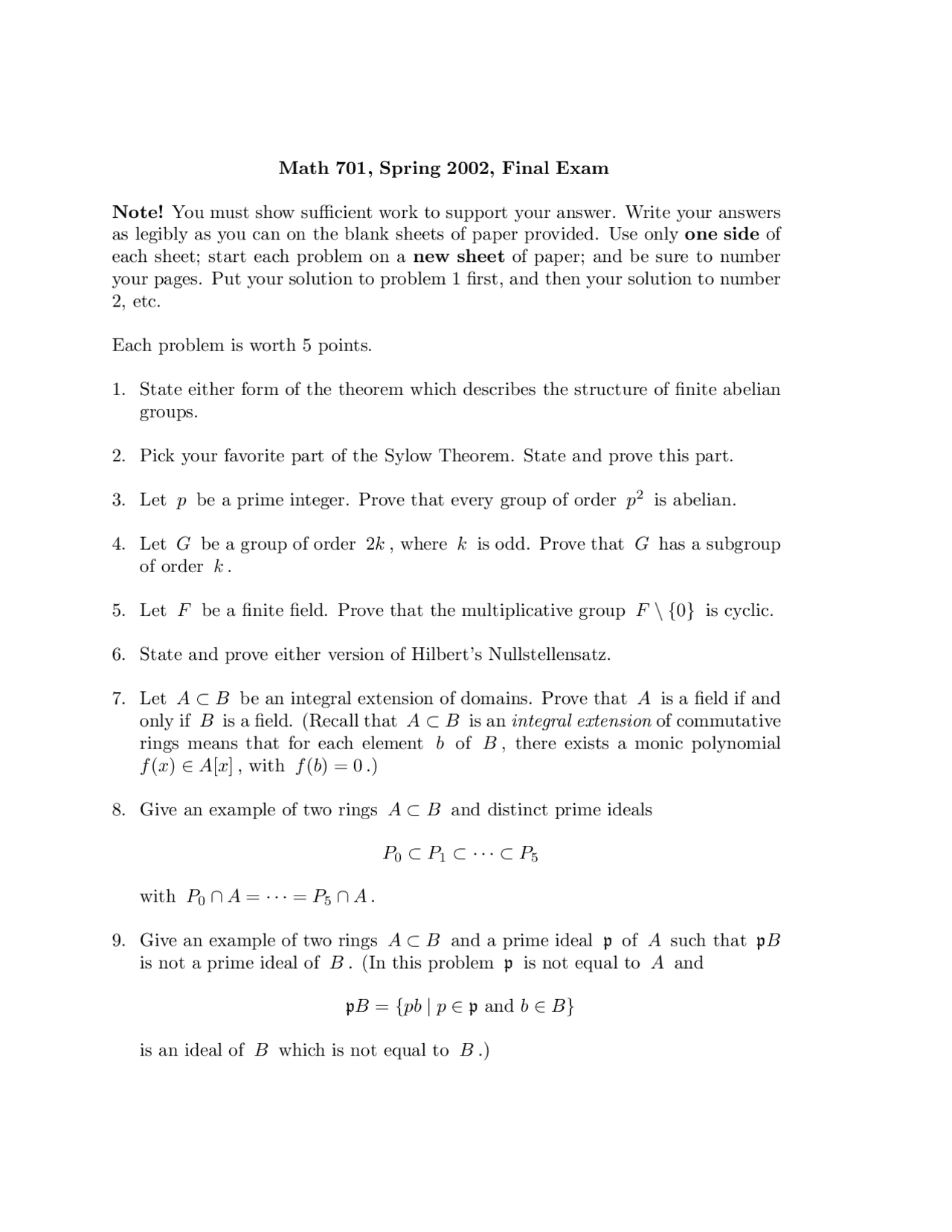 11 Questions For Final Examination Algebra I Math 701 Docsity