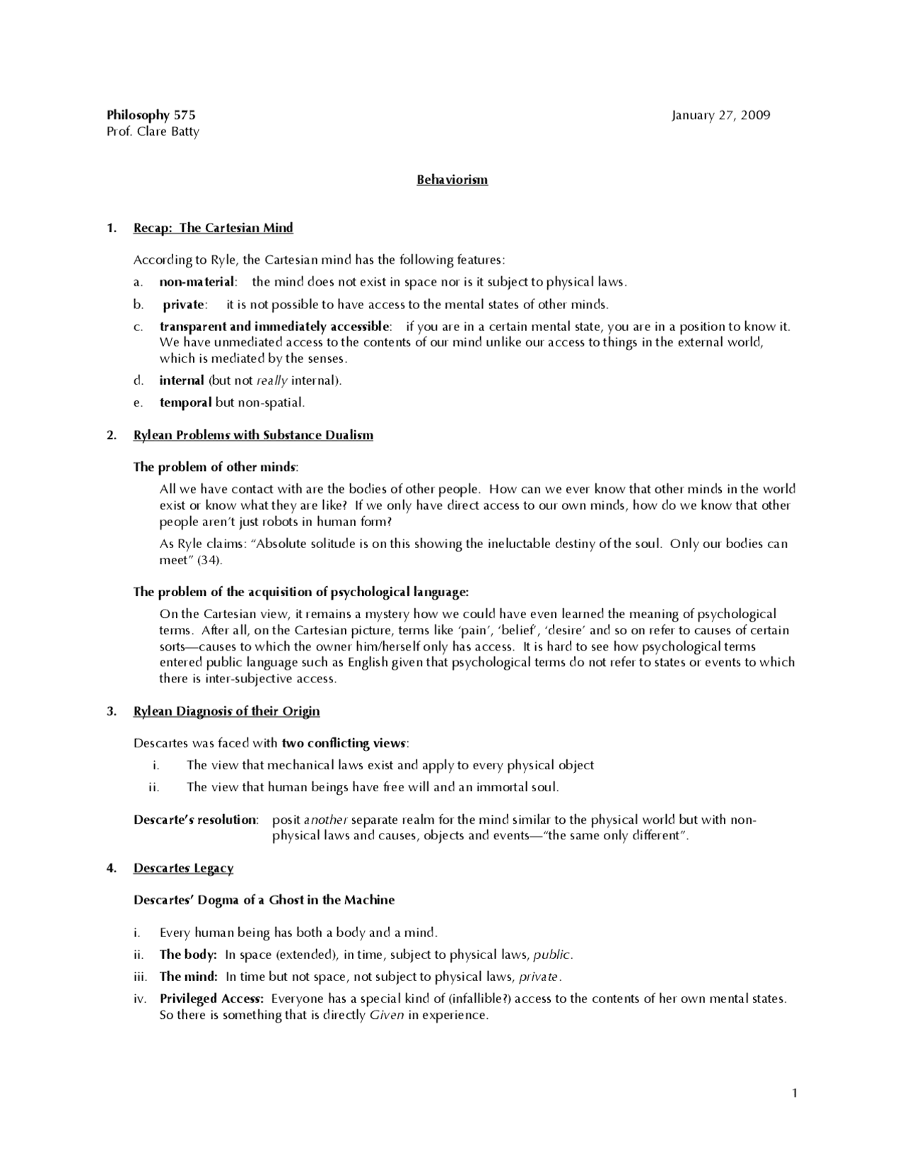 Notes On Behaviorism The Cartesian Mind Phi 575 Docsity