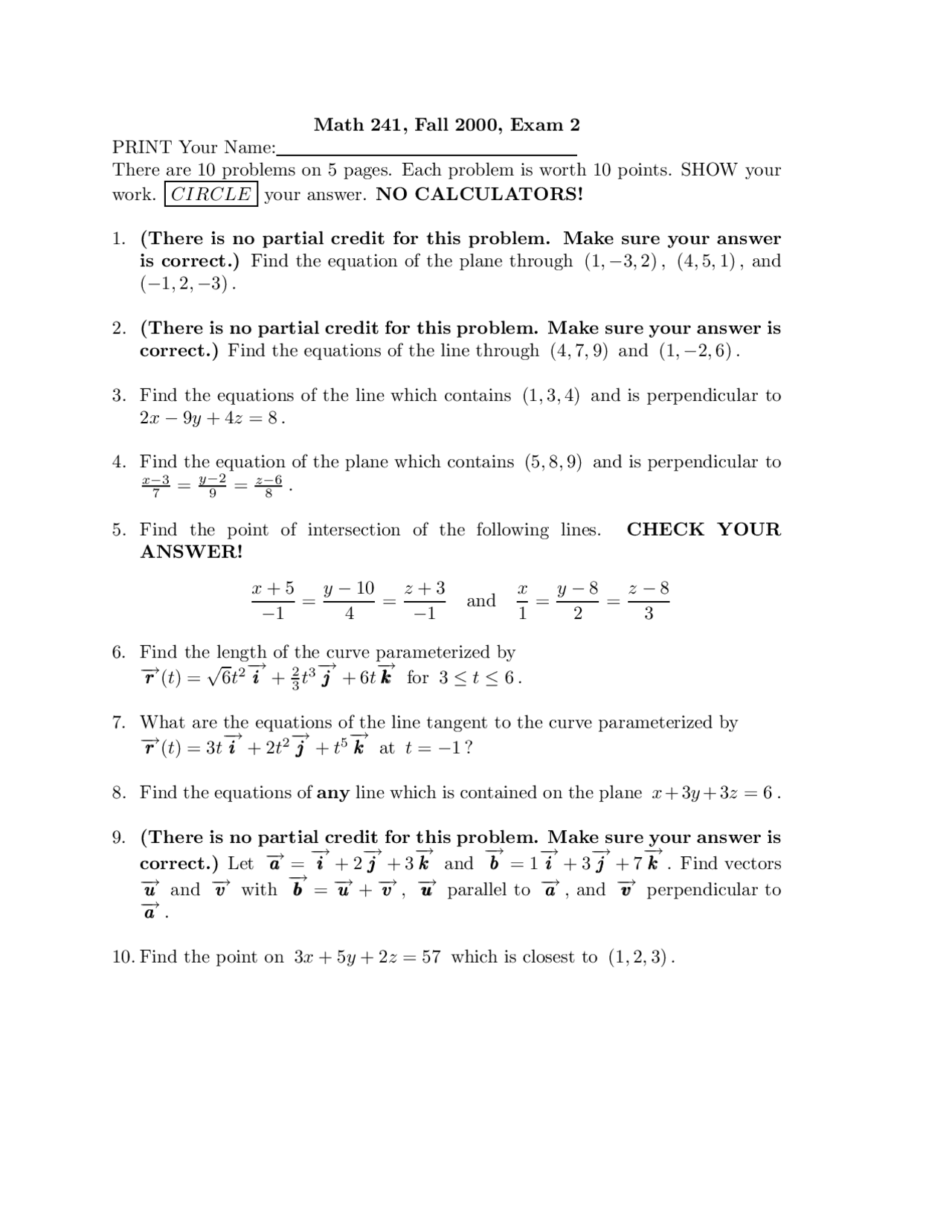 Vector Calculus - Questions for Exam 2 - Fall 2000 | MATH 241 - Docsity