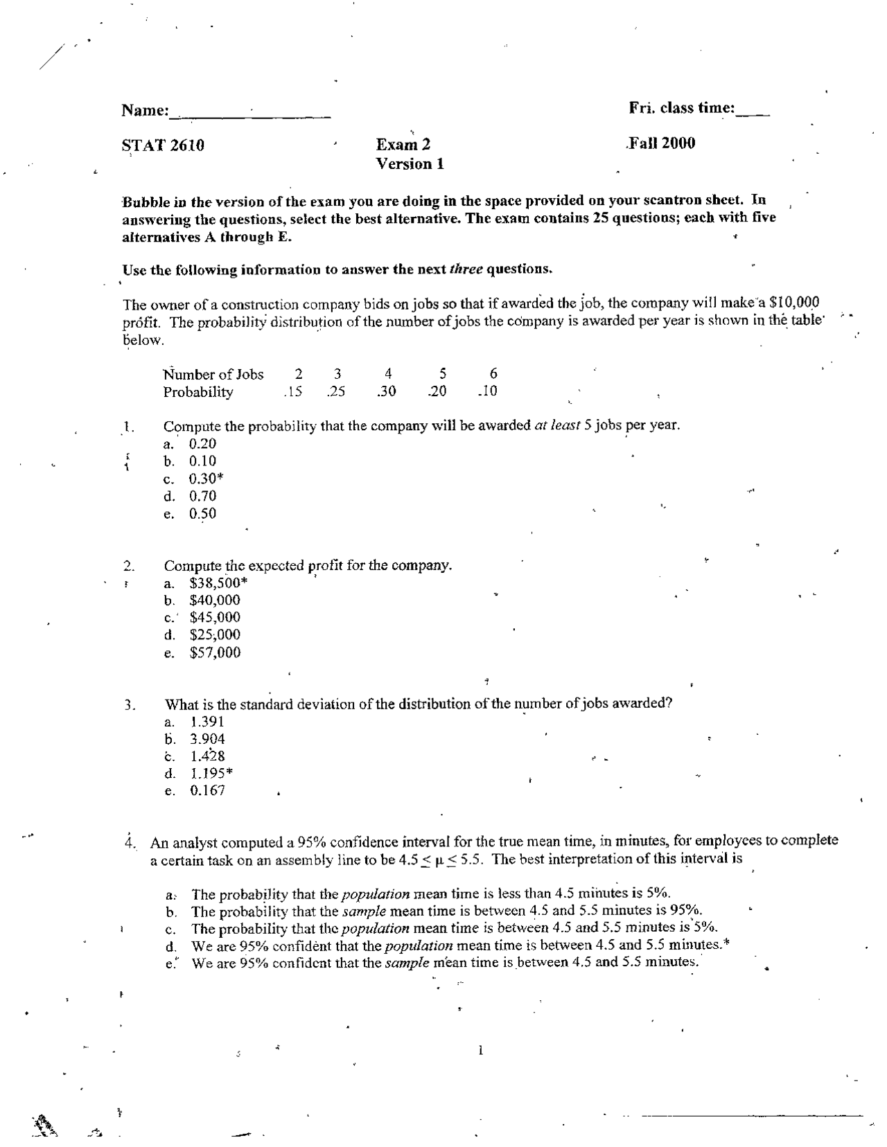 Exam 2 Version 1 Statics For Business And Economics Stat 2610 Docsity