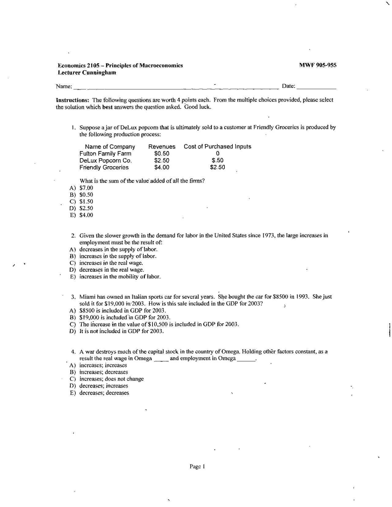 Solved Exam Principles Of Macroeconomics Econ 2105 Docsity