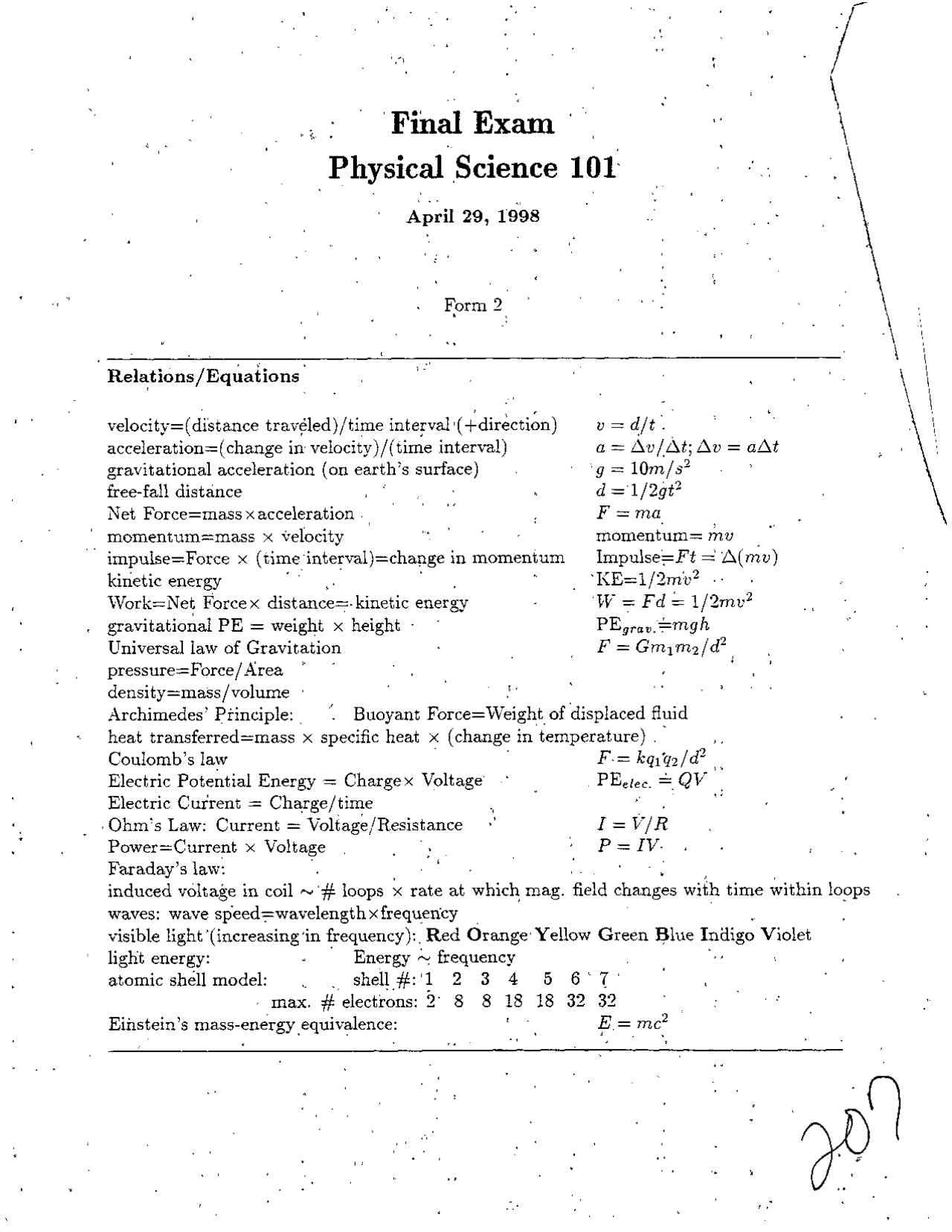 Practice Final Exam - Physical Science | PSC 101 | Exams Physical ...