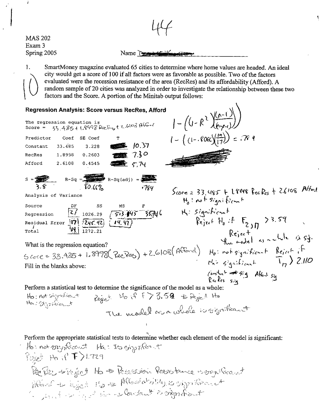 Practice Exam 3 Spring 2005 Intermediate Business Statistics Mas