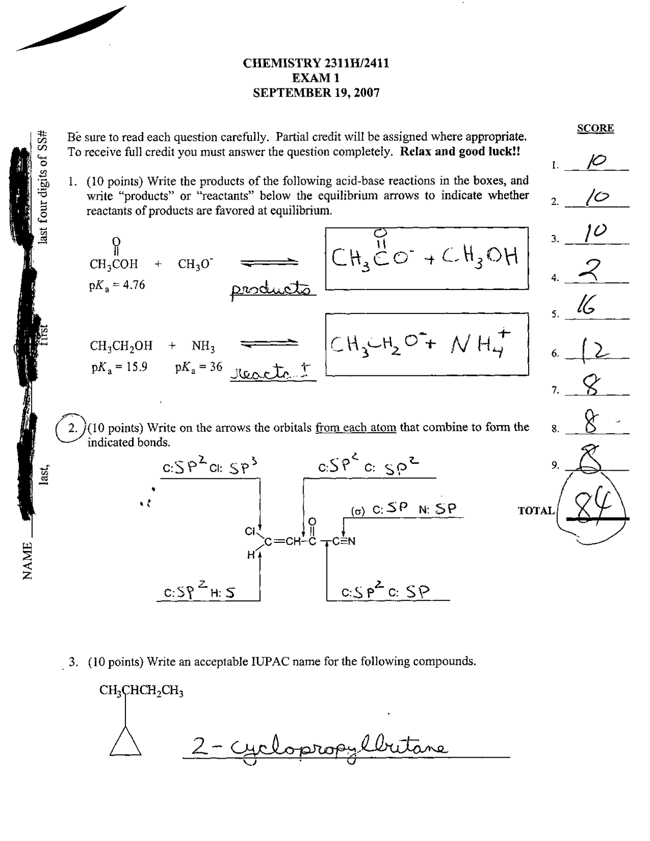 Advanced Organic Chemistry I for Honors - Final Exam Solution Key ...