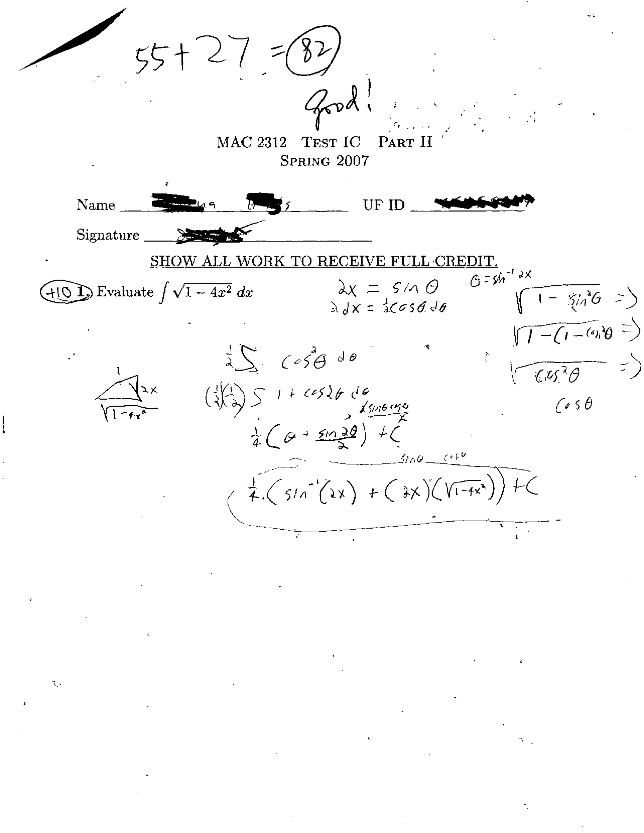 Test 1a With Answers Analytic Geometry And Calculus I Mac 2312