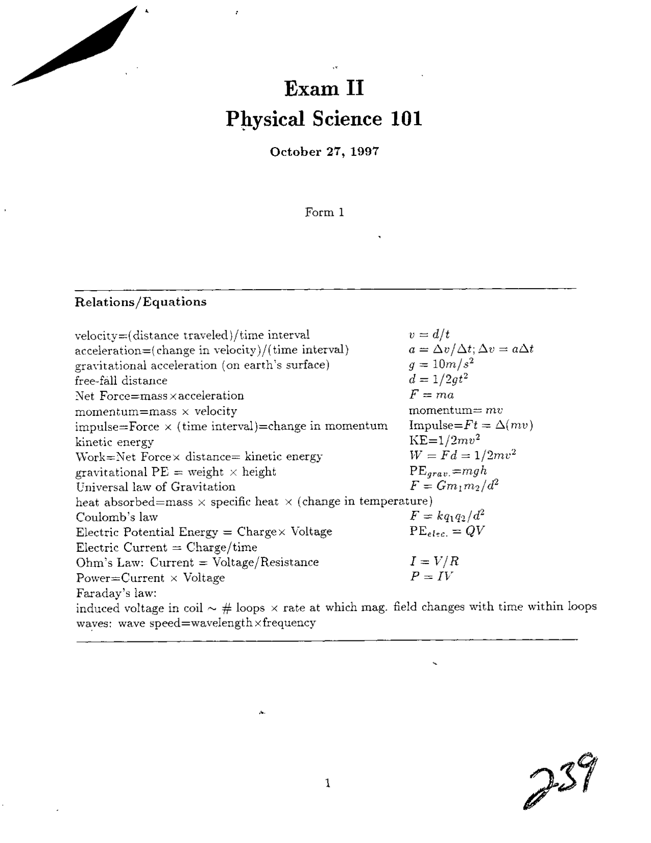 Practice Exam 2 on Physical Science - Fall 1997 | PSC 101 | Exams ...