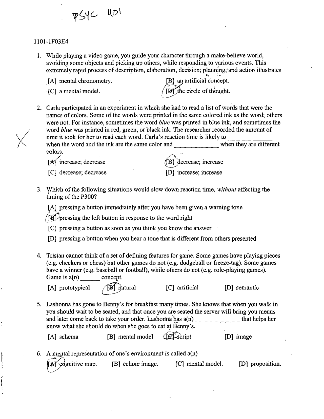 Solution Key For Exam 4 Elementary Psychology Psyc 1101 Docsity