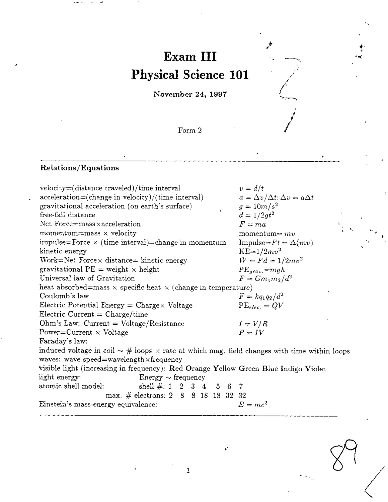 Practice Exam Iii Physical Science Fall 1997 Psc 101 Docsity