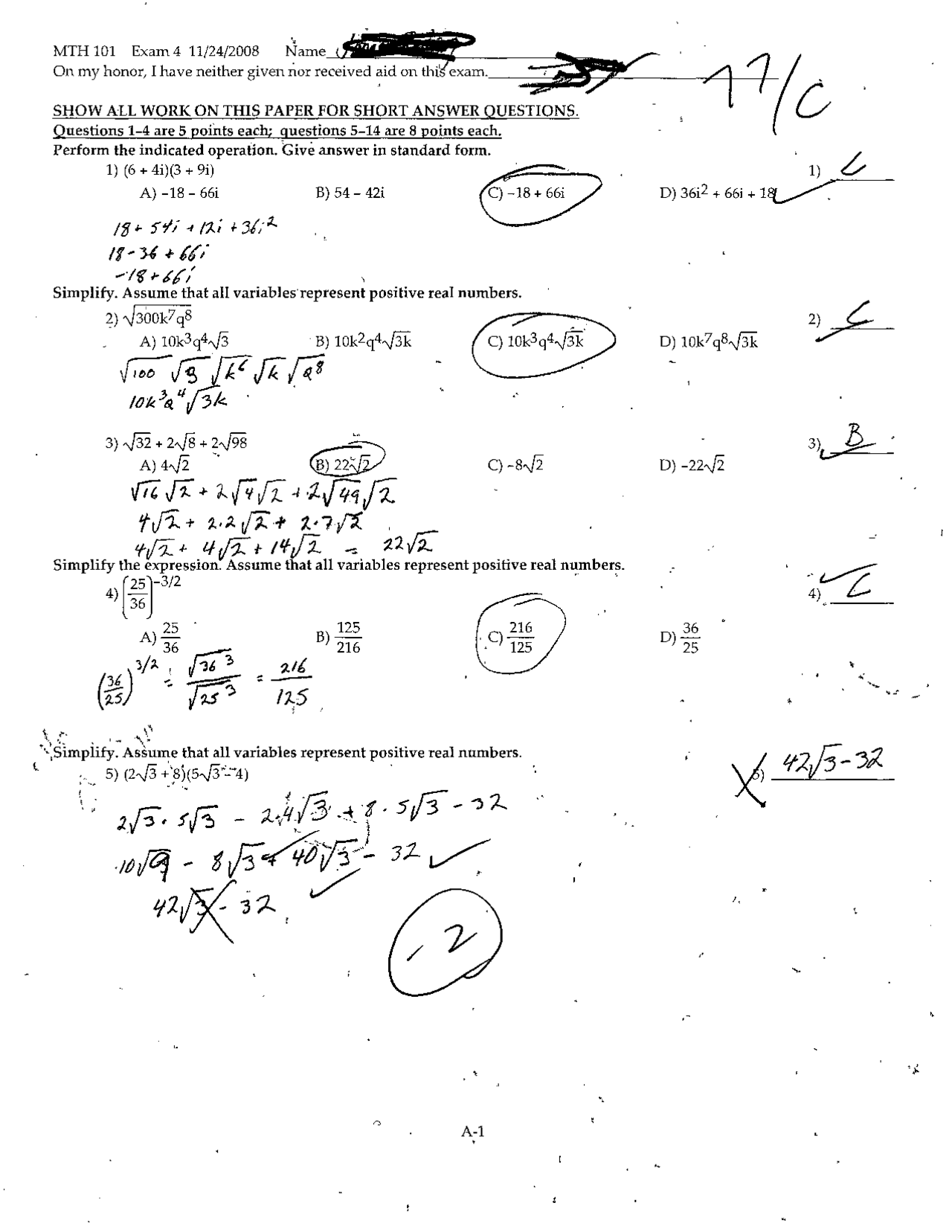 Solutions for Exam IV - Algebra for College Students | MTH 101 - Docsity