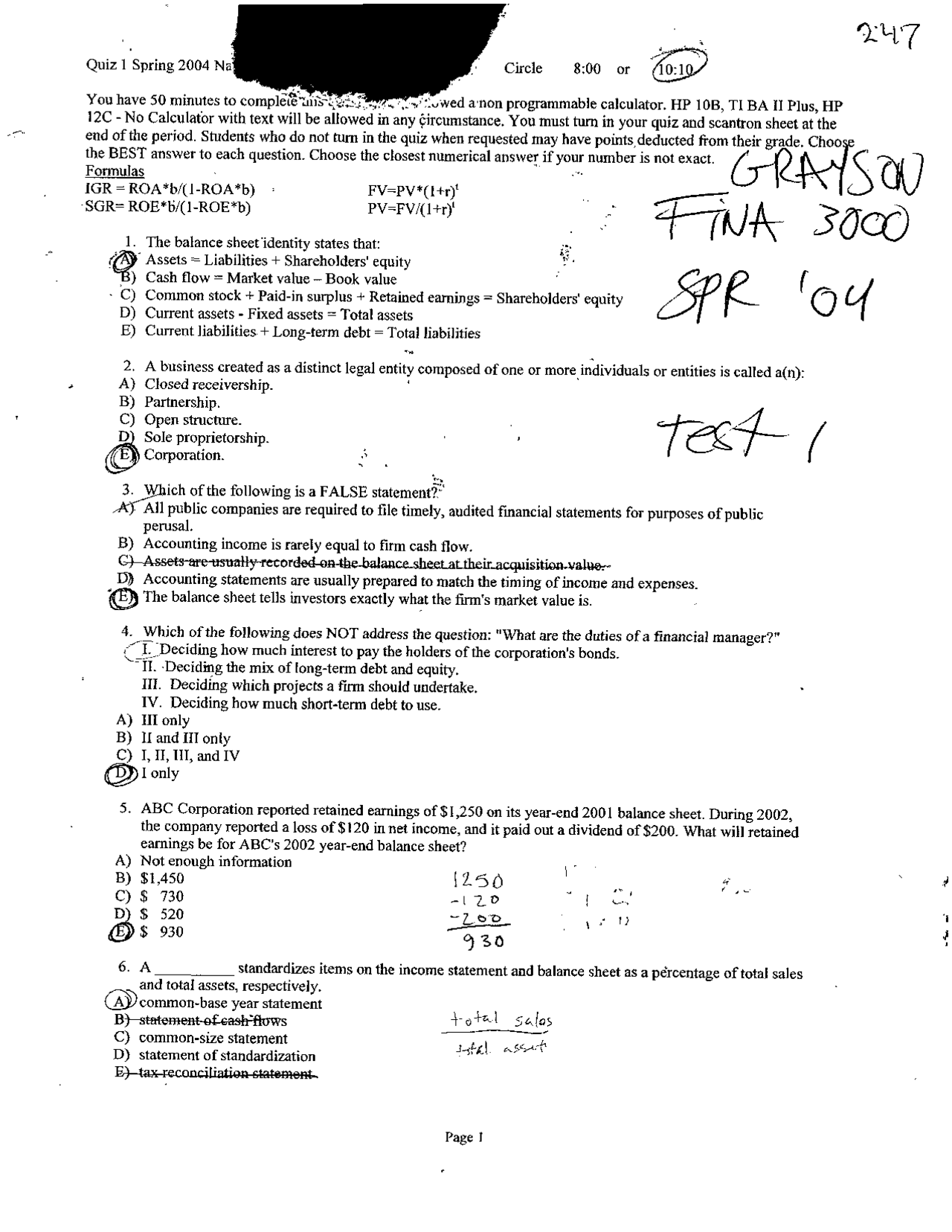Quiz 1 With Solution Financial Management Fina 3000 Docsity