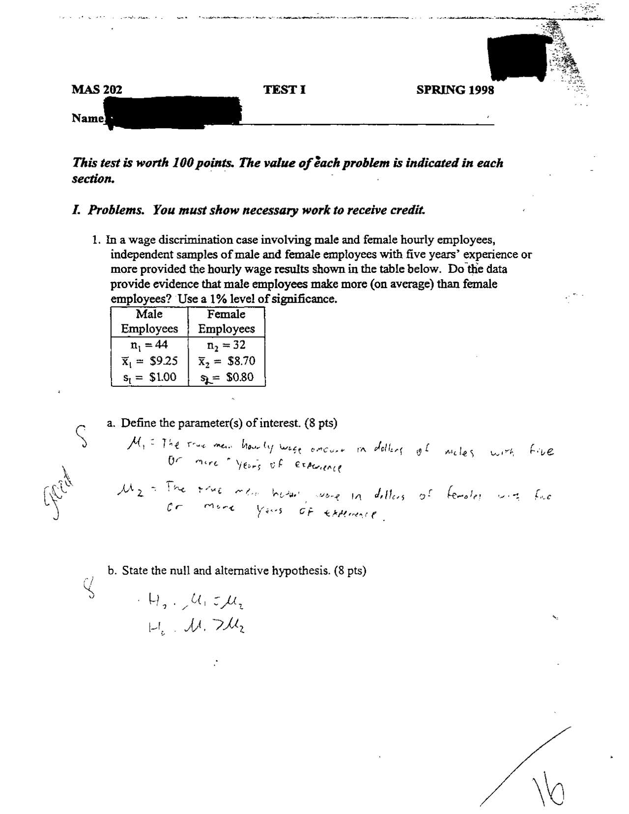 Test I With Answers Intermediate Business Statistics Mas 202 Docsity