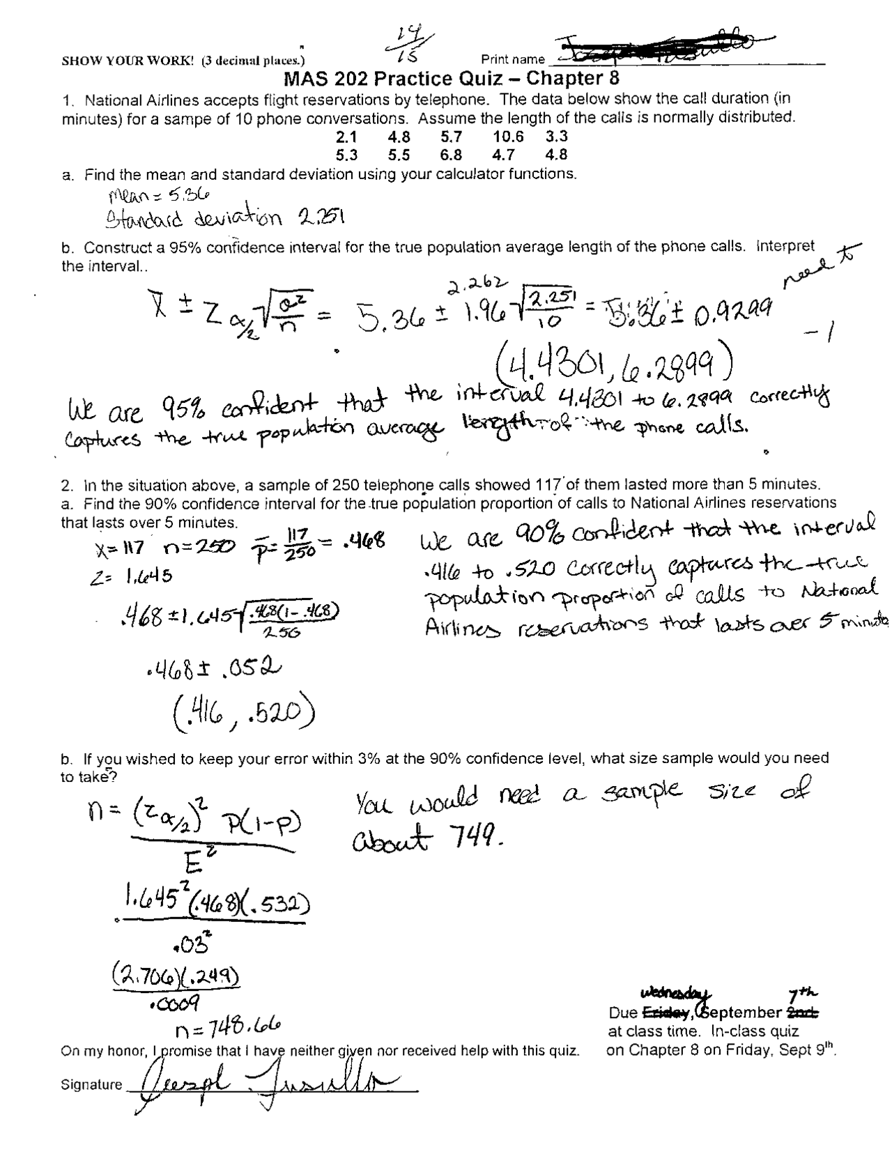 2 Questions With Answers Quiz Intermediate Business Statistics