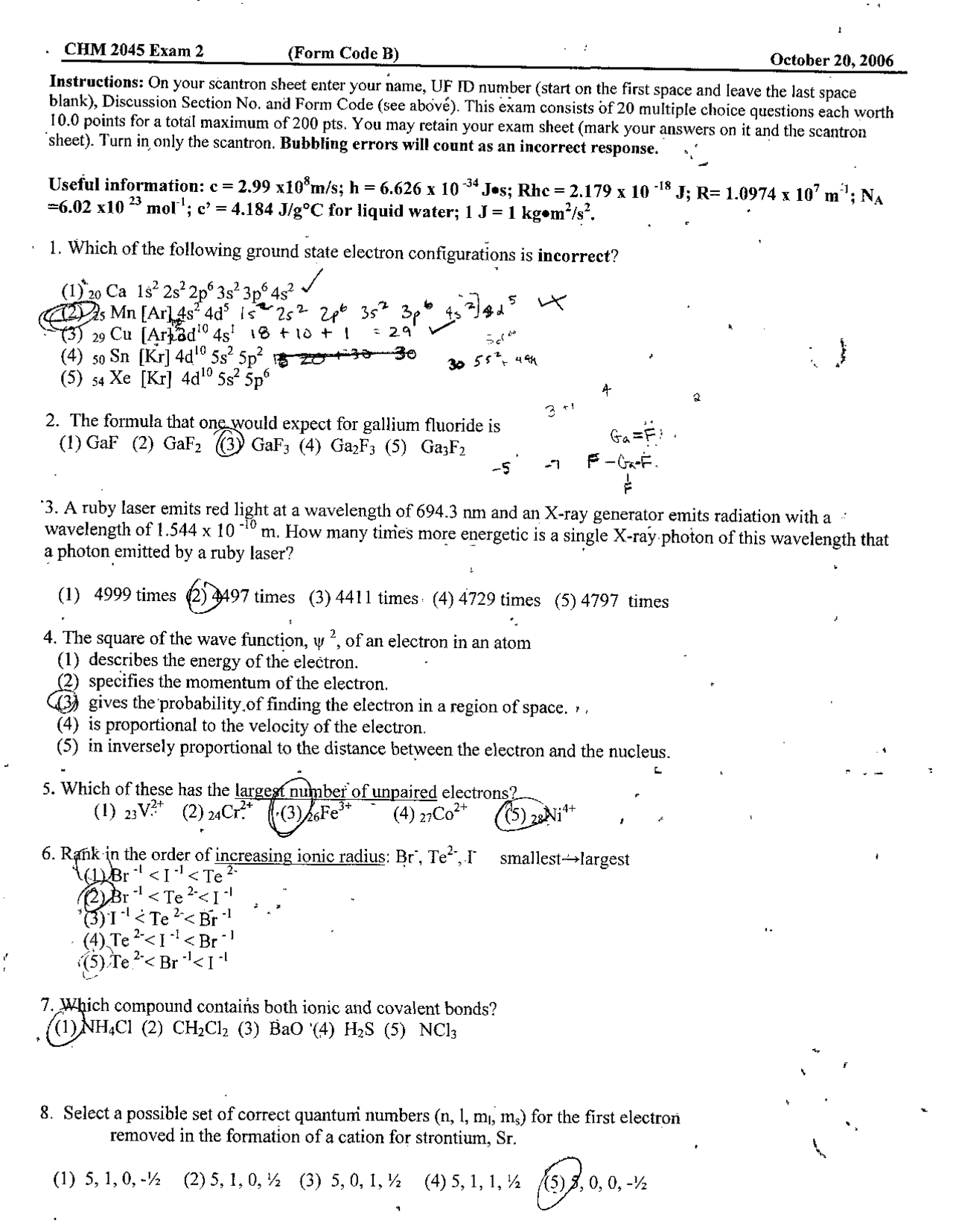 20 MCQs with Answer Key - Exam 2 | CHM 2045 | Exams Chemistry | Docsity