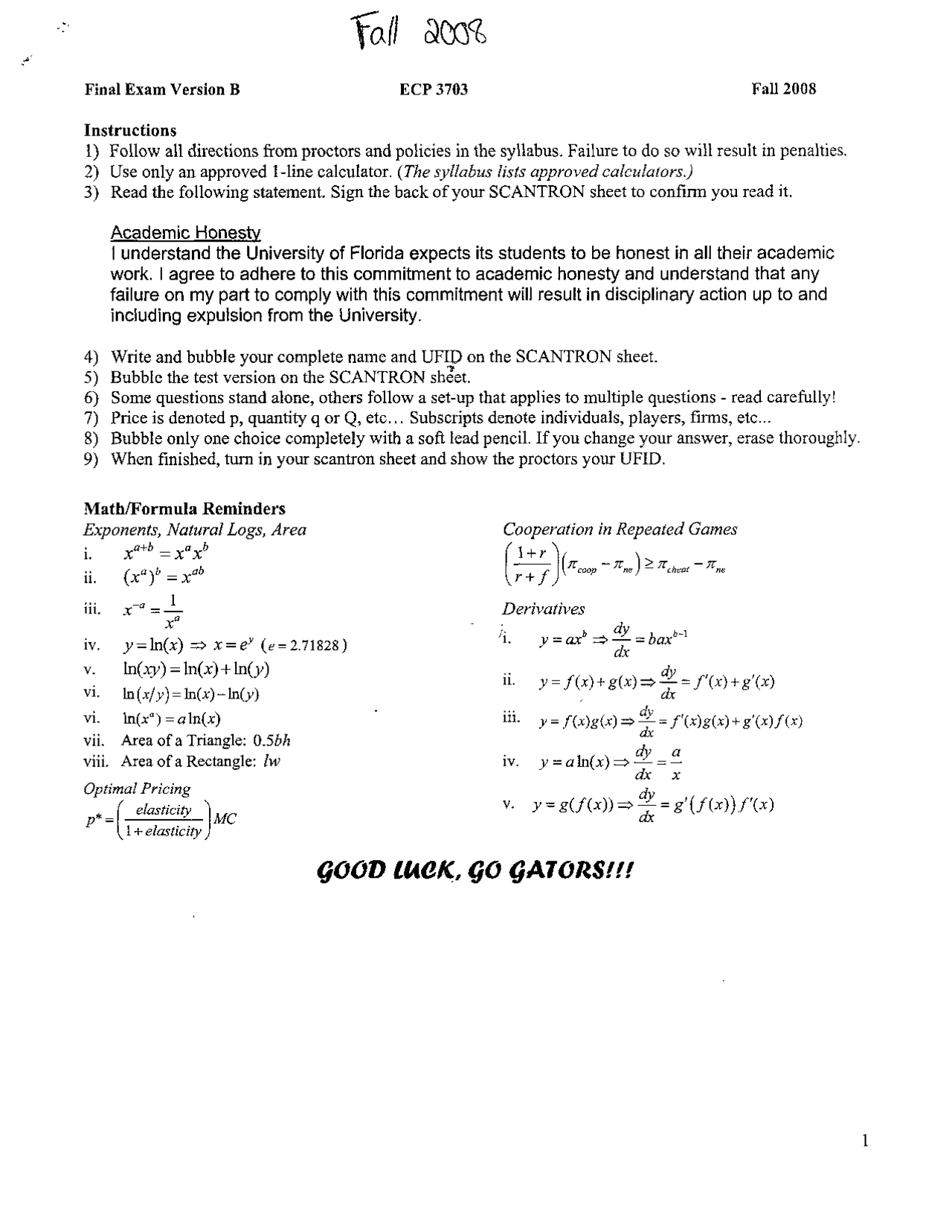 Final Solved Exam For Managerial Economics Ecp 3703 Docsity