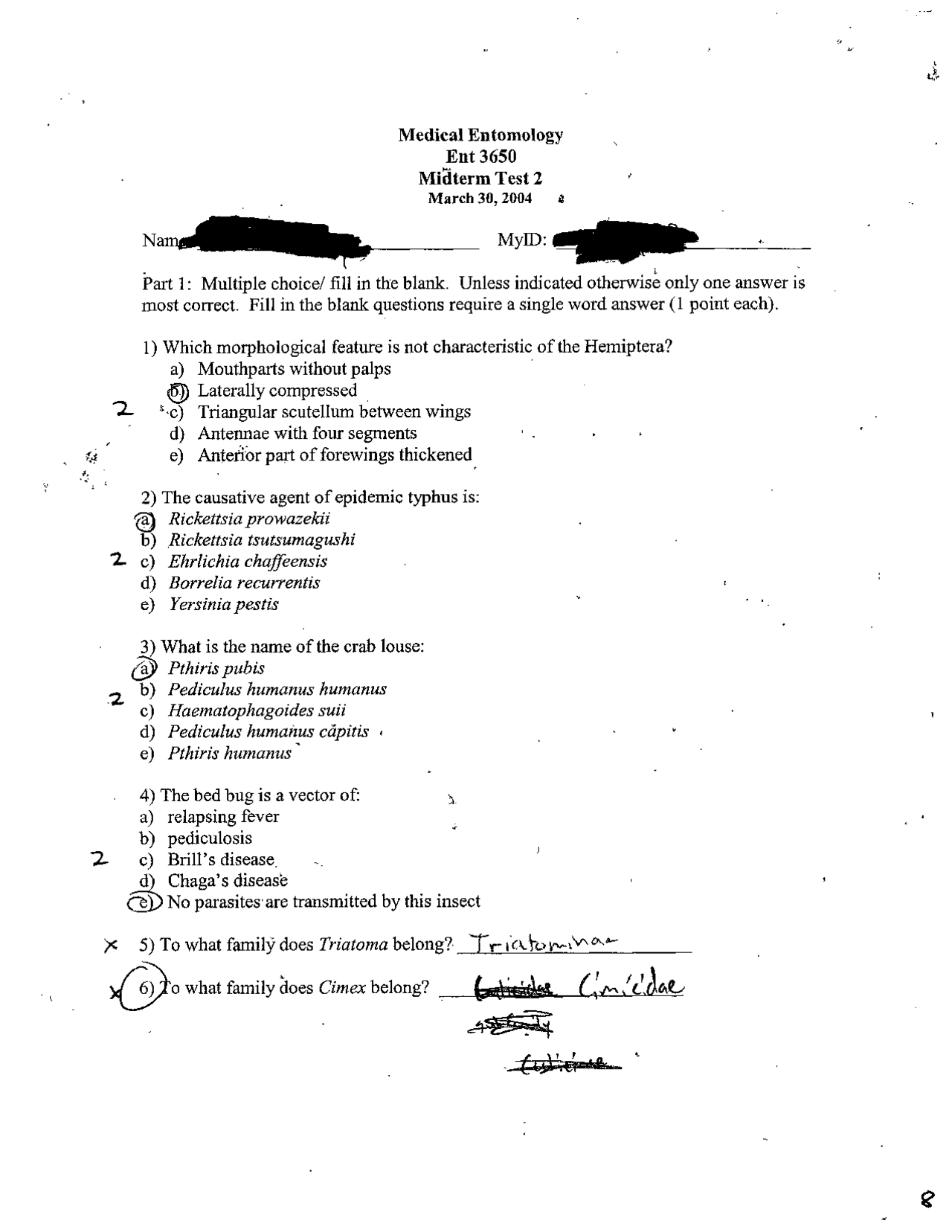 Solved Midterm Exam Medical Entomology Ento 3650 Docsity