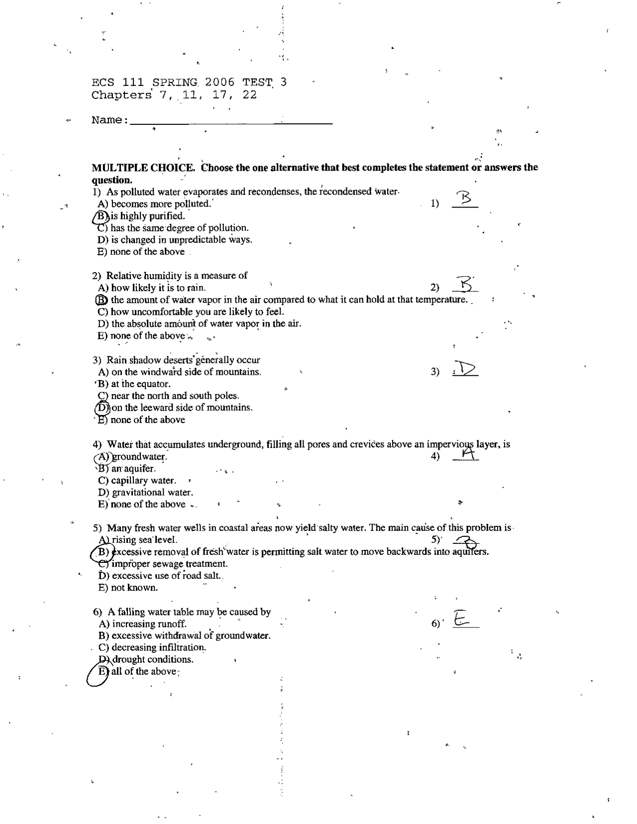 Test 3 With Answer Key Introduction To Earth Ecosystem Ecs 111
