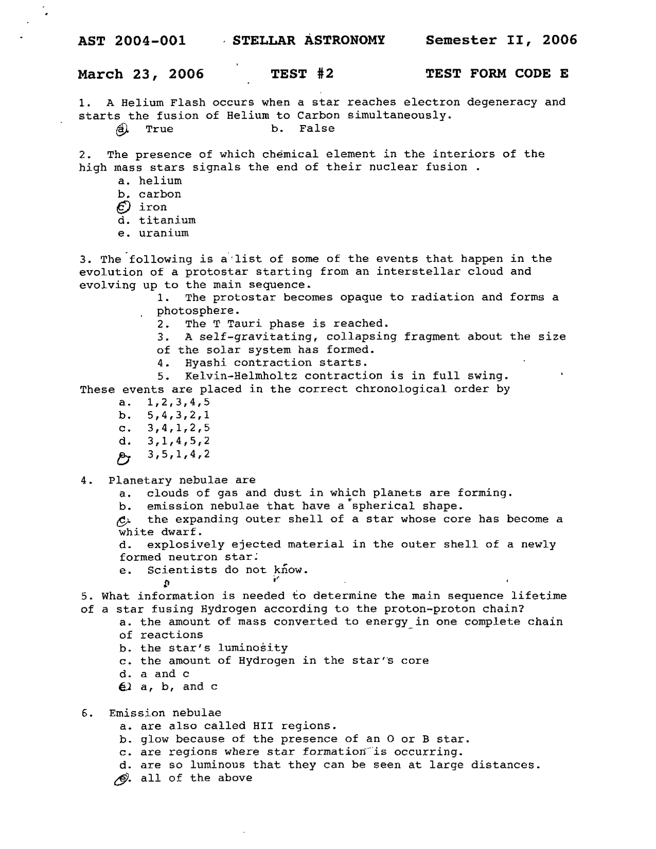 Test 2 Questions With Answer Key Stellar Astronomy And Cosmology