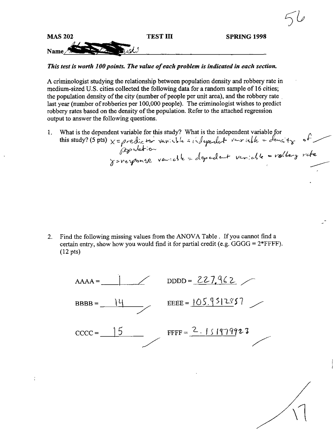Practice Test Iii Spring 1998 Business Statistics Mas 202 Docsity