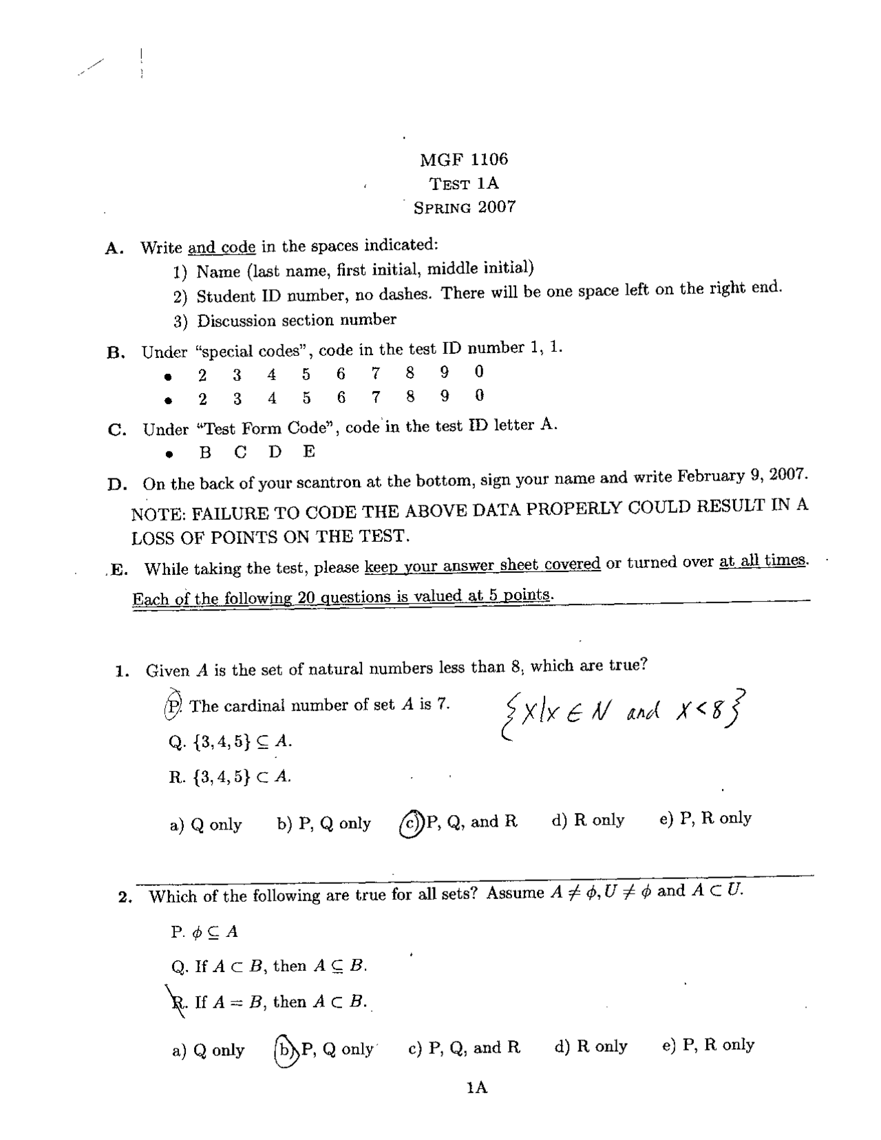 Exam 1 Solution Mathematics For Liberal Arts I Fall 2007 Mgf 1106