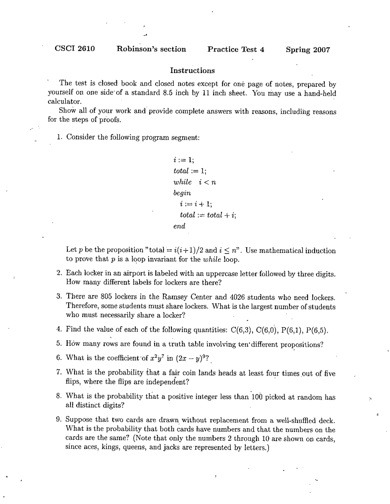 Practice Test 4 For Discrete Mathematics For Computer Science Csci 2610 Exams Discrete
