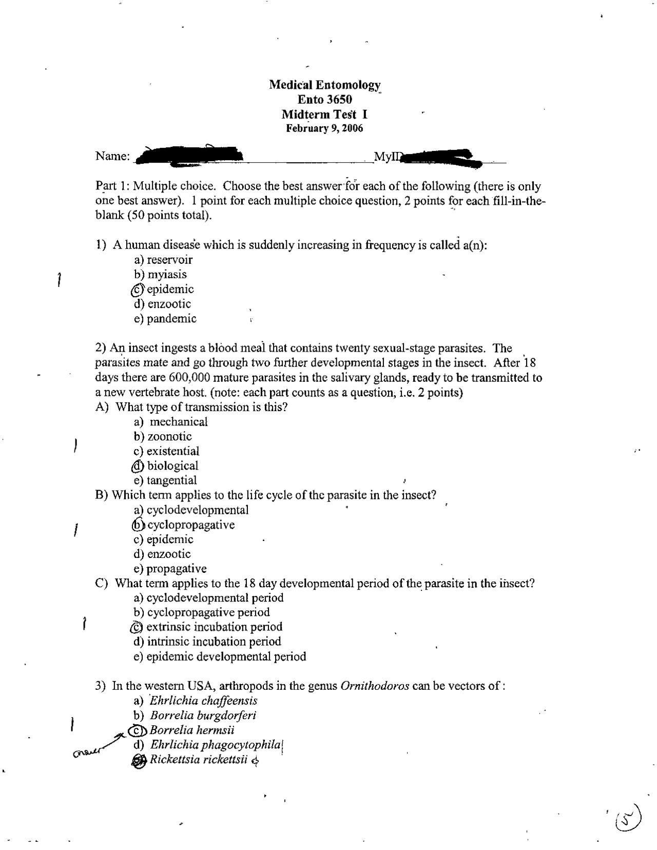 Midterm Test 1 With Answers Medical Entomology Ento 3650 Exams