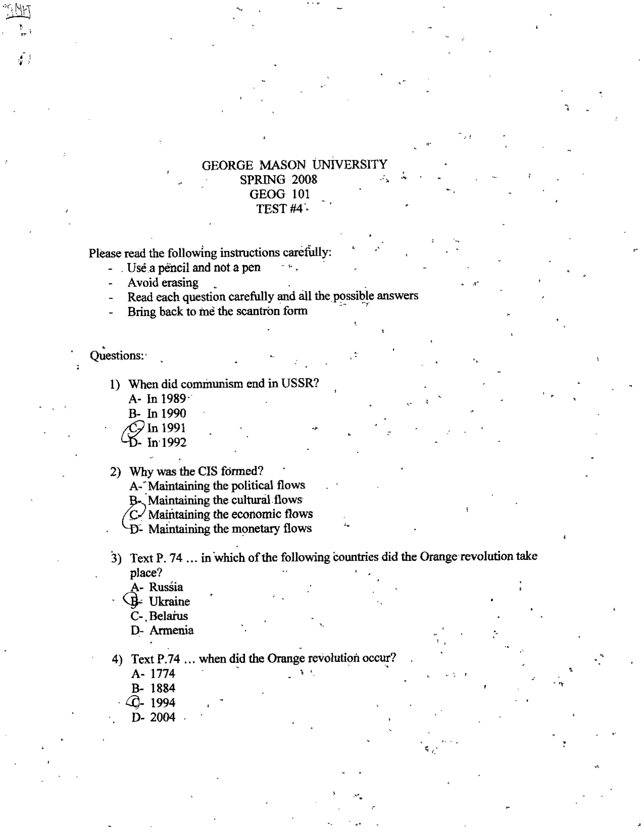 Solved Questions on the Major World Regions - Exam 4 | GEOG 101 - Docsity