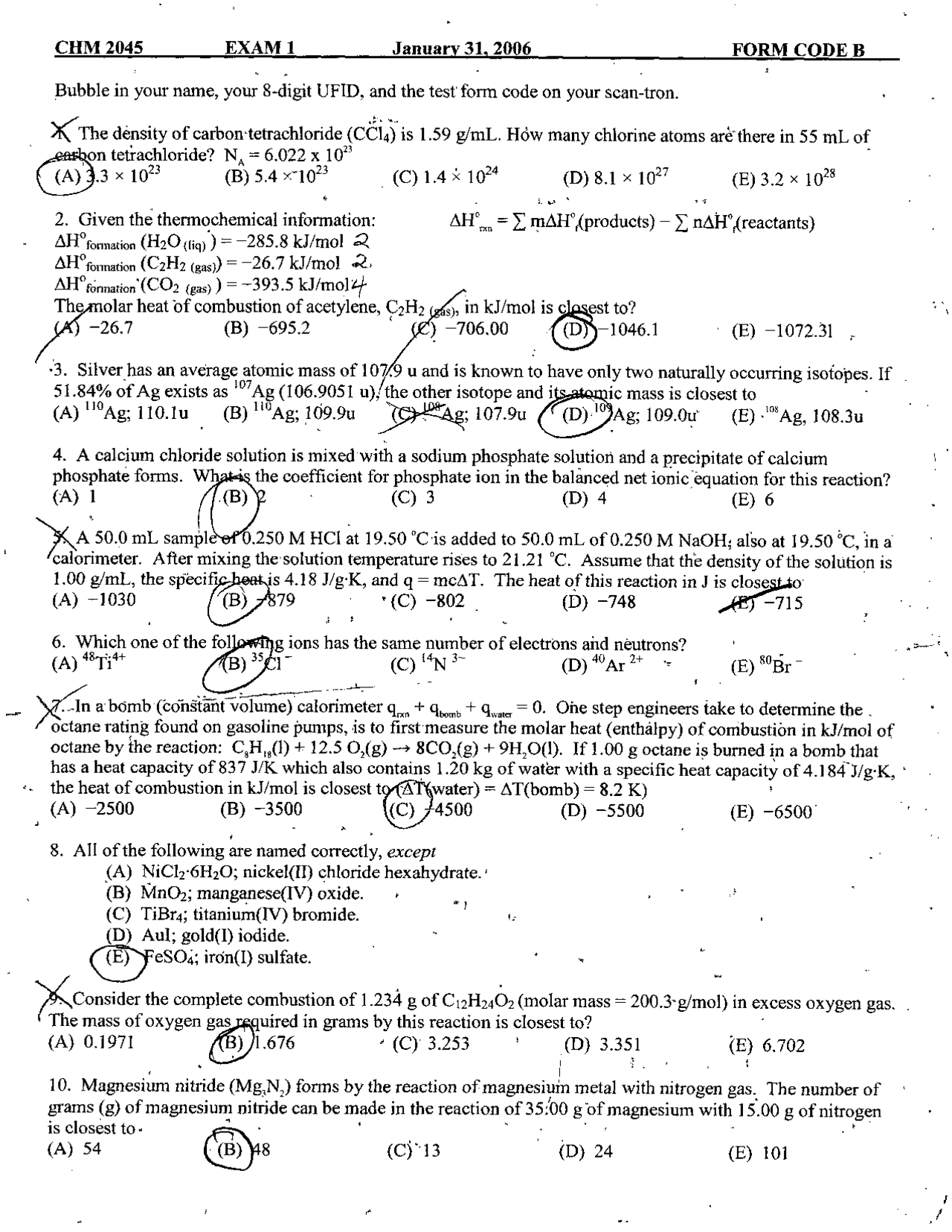 Exam 1 With Solutions General Chemistry Chm 2045 Docsity