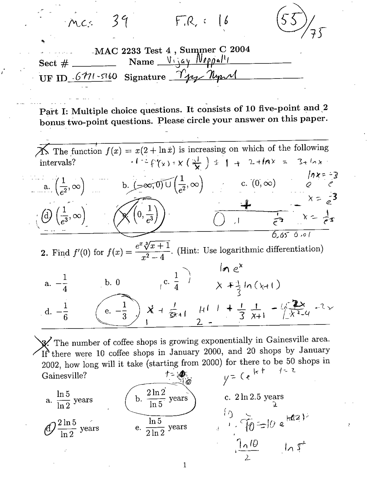 Test 4 With Answer Key Survey Of Calculus 1 Mac 2233 Docsity