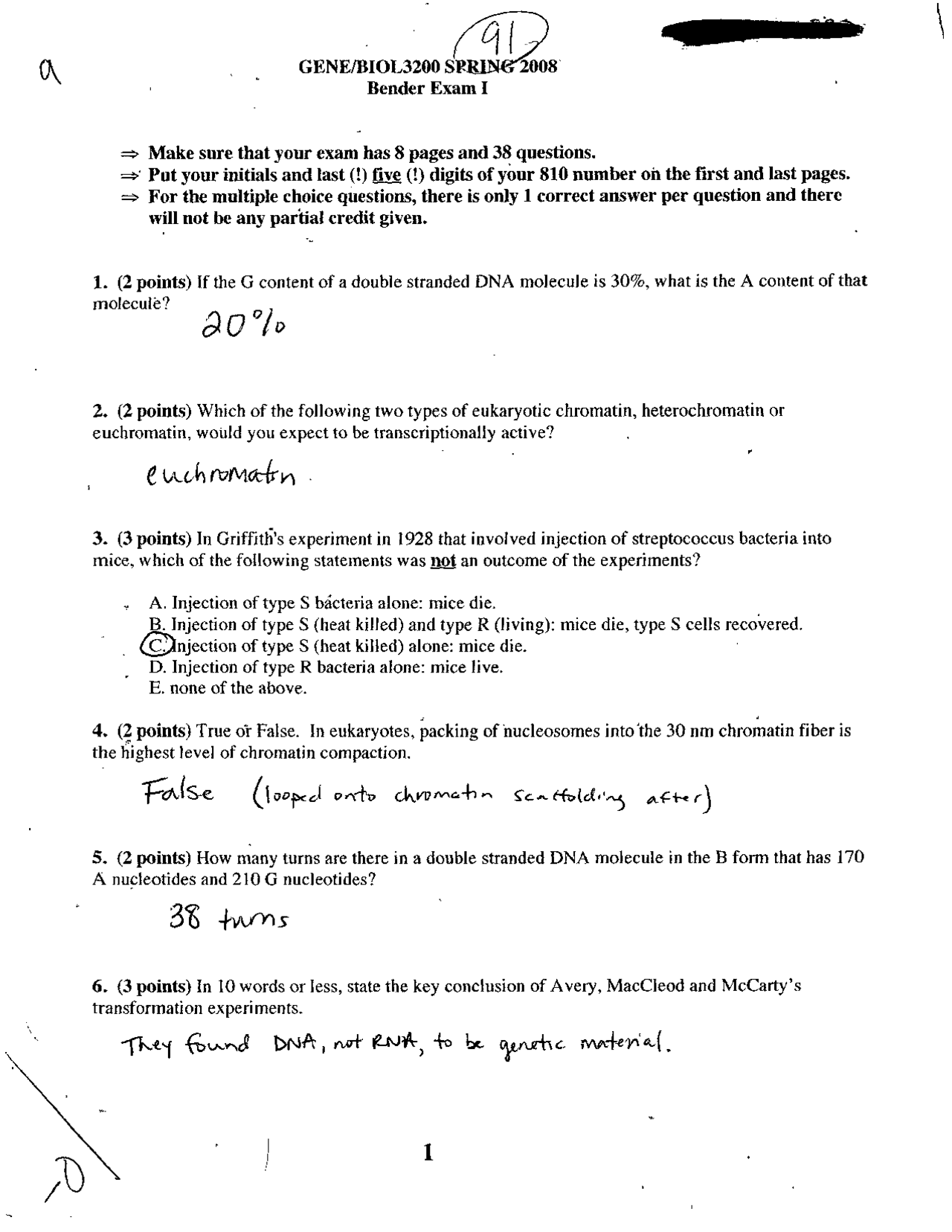 Exam 1 Questions With Solutions Genetics Biol 3200 Docsity