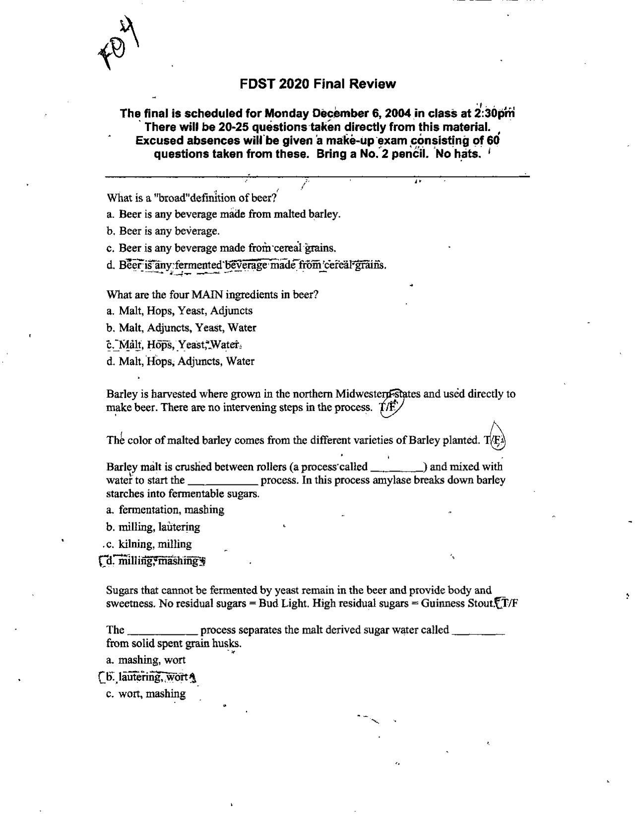 Final Review Questions With Solutions Art And Science Of Beer Fdst