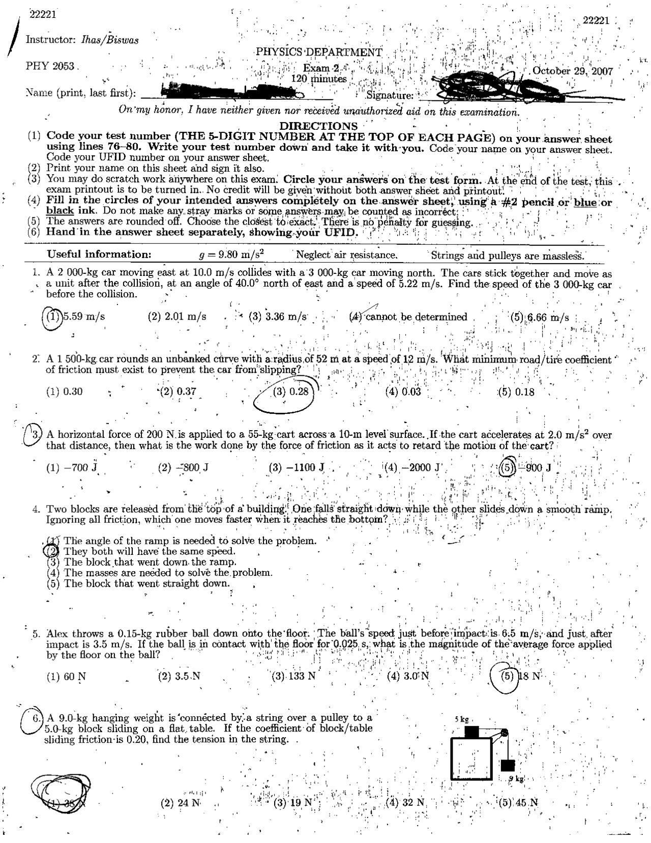 Physics I Solved Old Paper 2007 Phy 2053 Docsity
