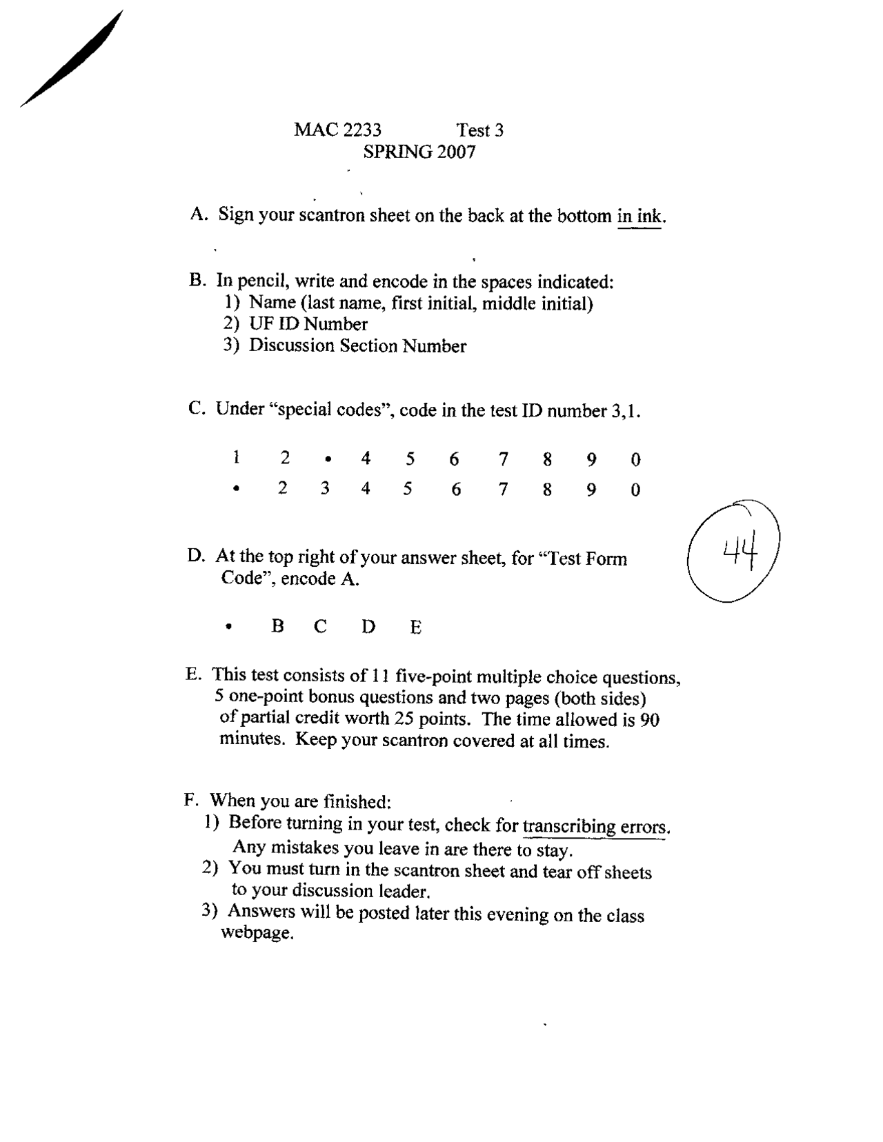 Test 3 With Answer Key Survey Of Calculus I Mac 2233 Docsity