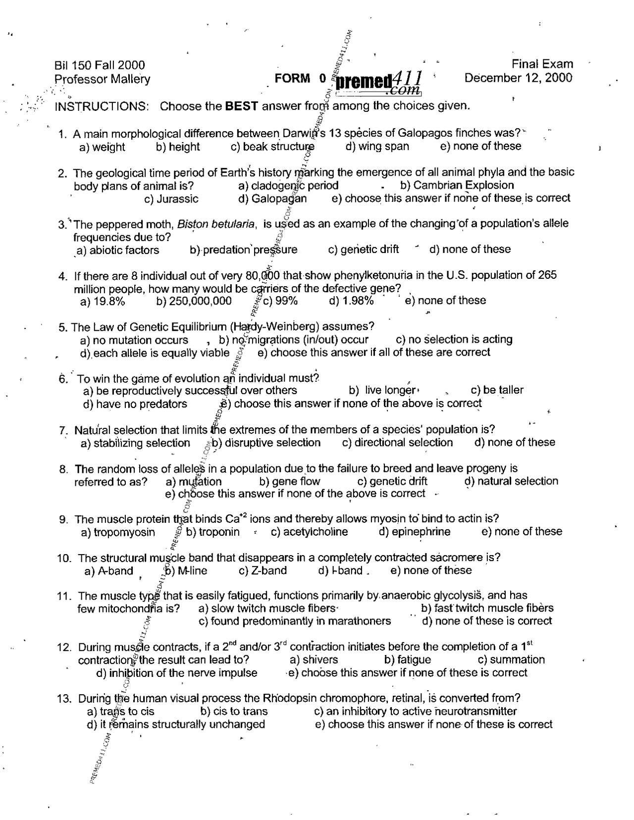 Final Exam with Answer Key for General Biology - Fall 2000 | BIL 150 | Exams Biology | Docsity