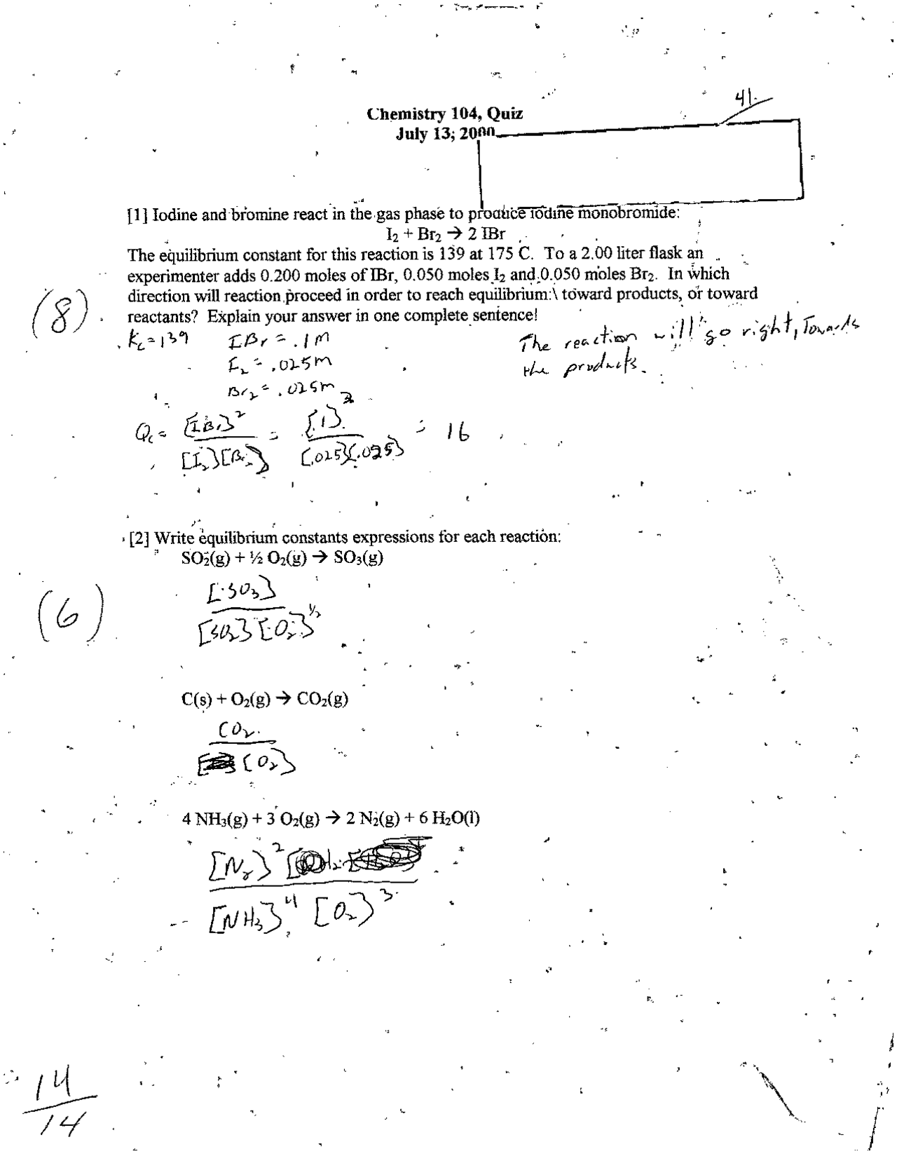 Quiz One Solutions Fundamentals Chemistry Ii Chem 1040 Docsity