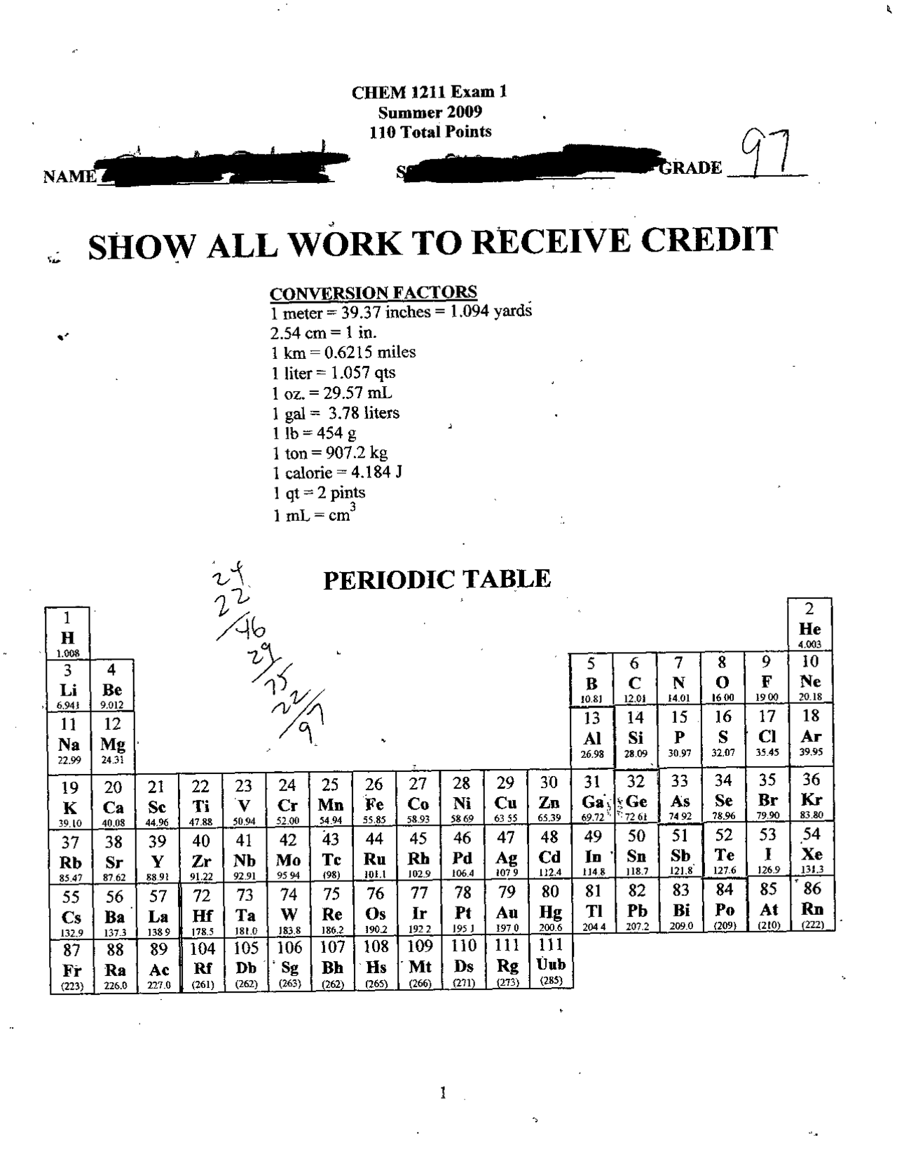 Midterm Exam 1 With Answers For Freshman Chemistry I Chem 1211 Docsity