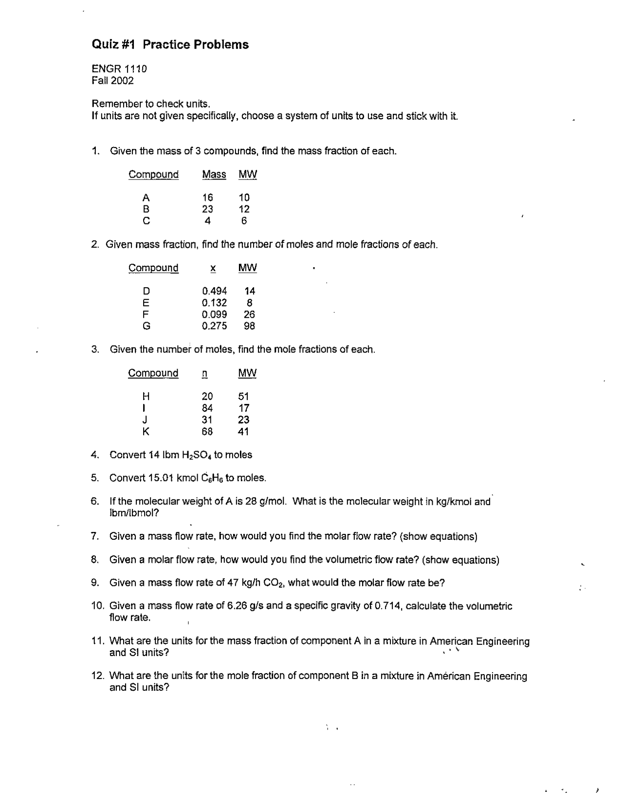 Quiz 1 Questions Introduction To Engineering Engr 1110 Docsity
