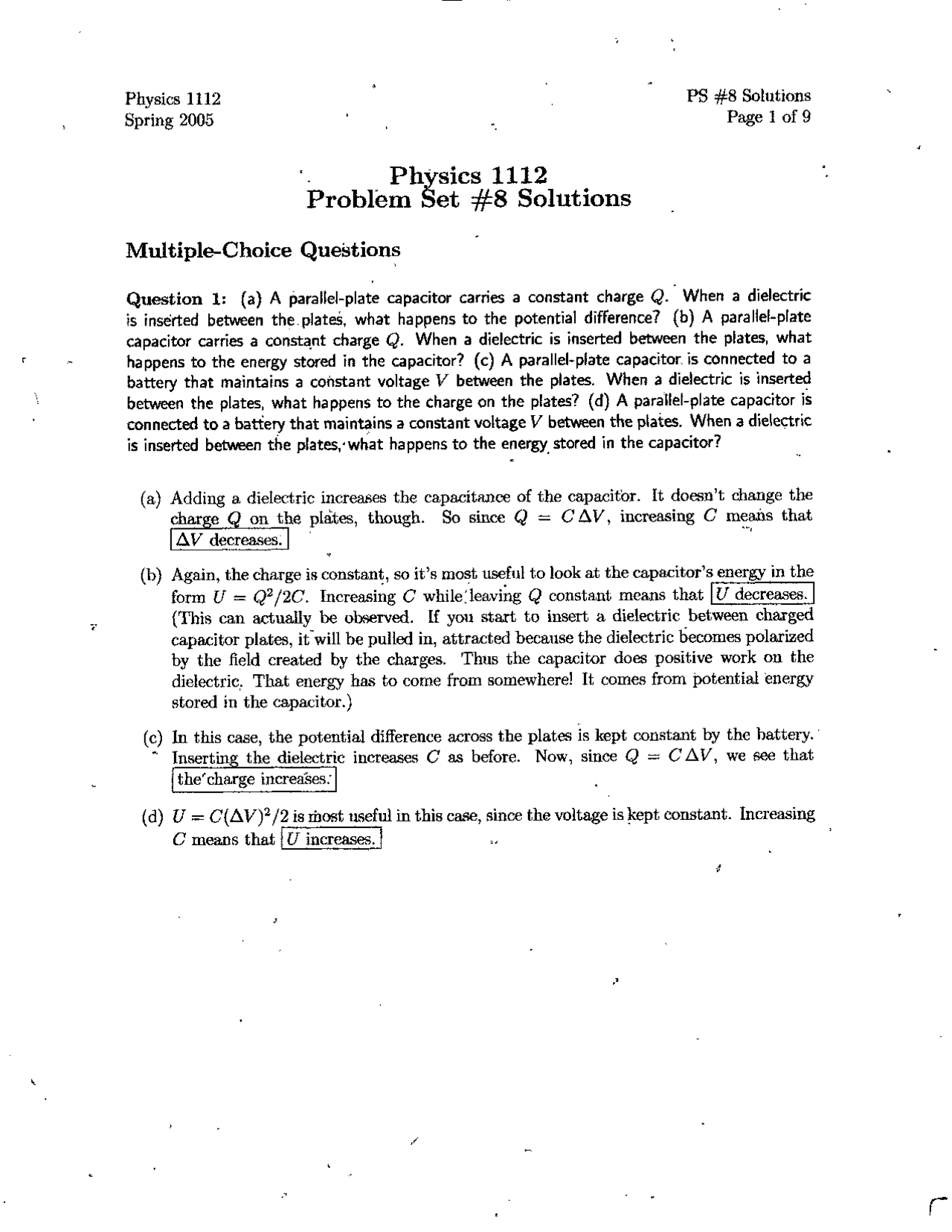 Problem Set 8 Solutions Introductory Physics Electricity And