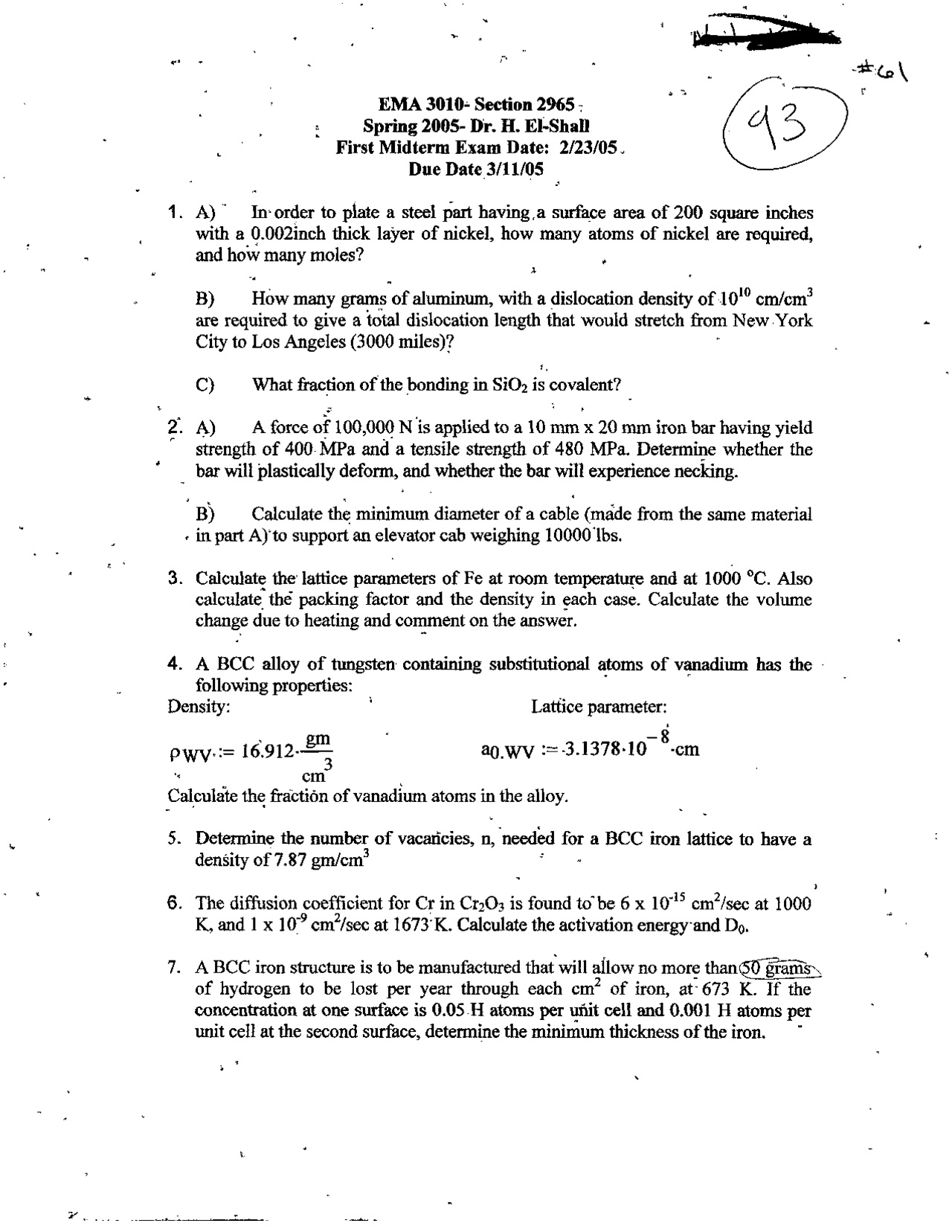 Midterm Exam 1 Solved Materials Fall 2005 Ema 3010 Docsity
