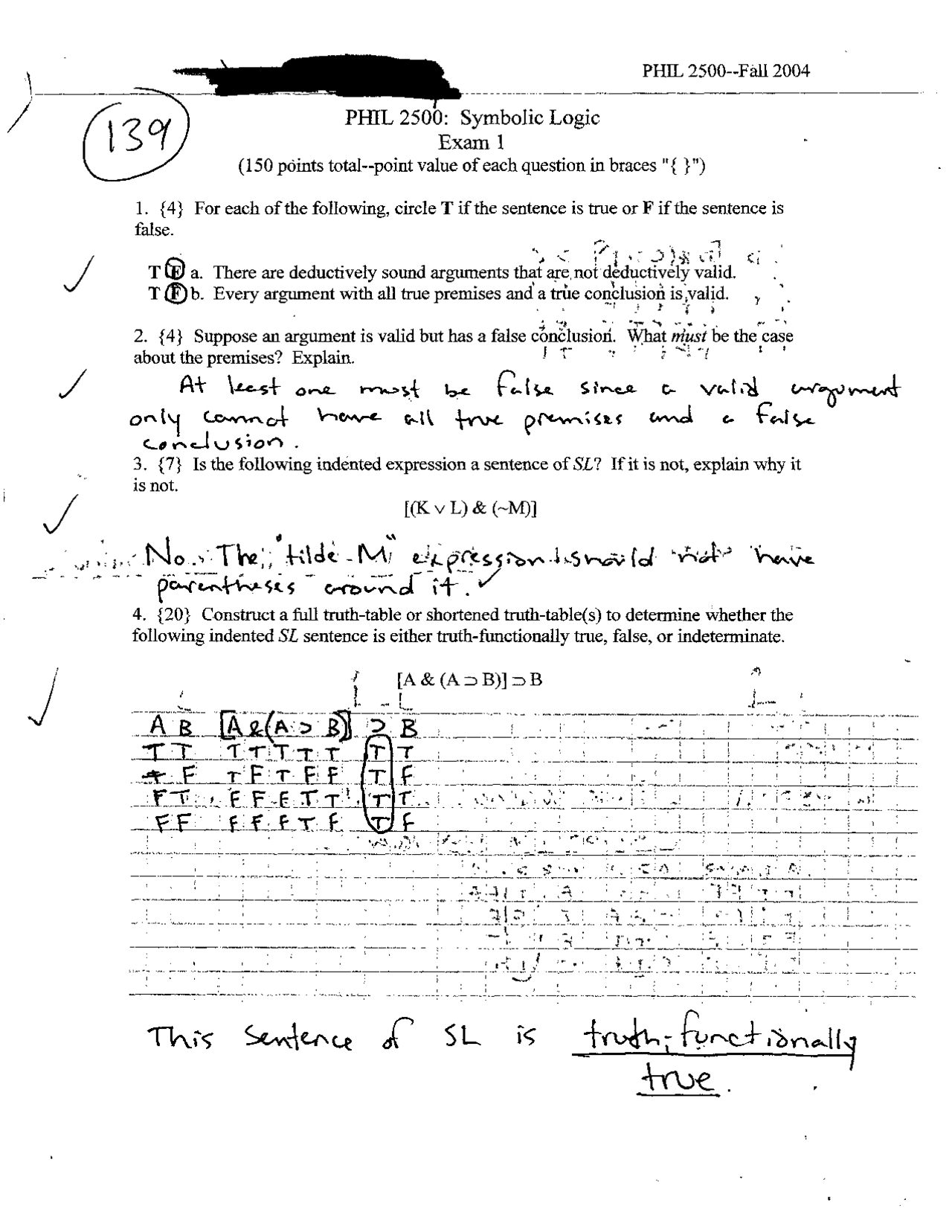 Symbolic Logic Exam With Handwritten Solutions Phil 2500 Docsity