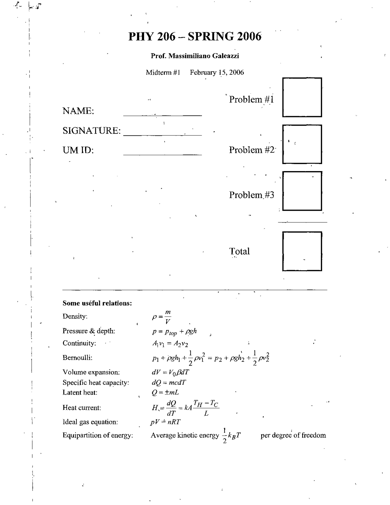 Midterm Exam I Problems For University Physics I Phy 206 Docsity