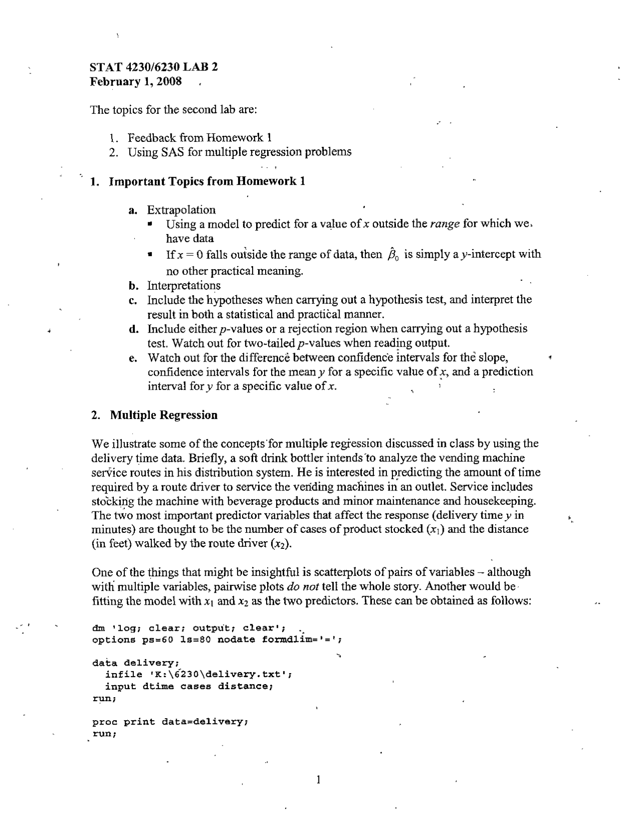 Multiple Regression Laboratory Report 2 Stat 4230 Docsity